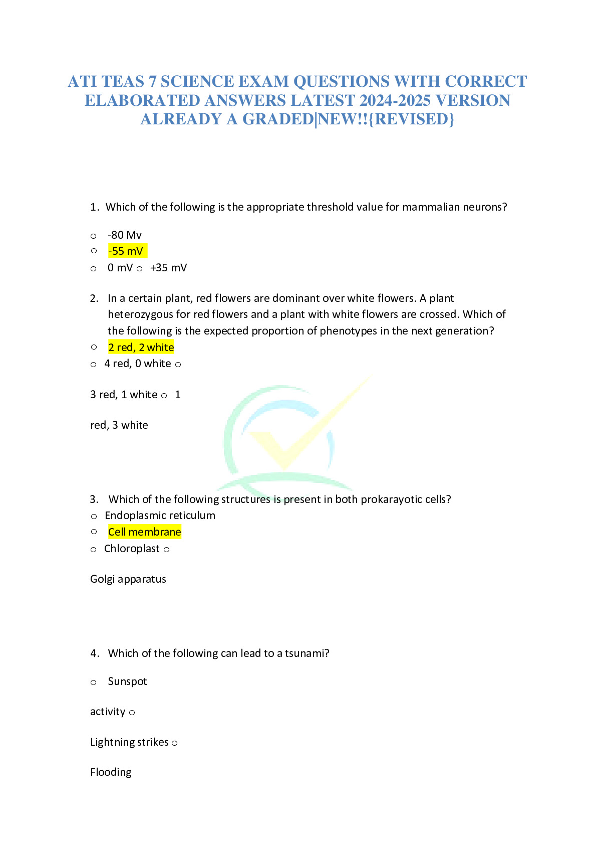 ATI TEAS 7 SCIENCE EXAM QUESTIONS WITH CORRECT ELABORATED ANSWERS ...