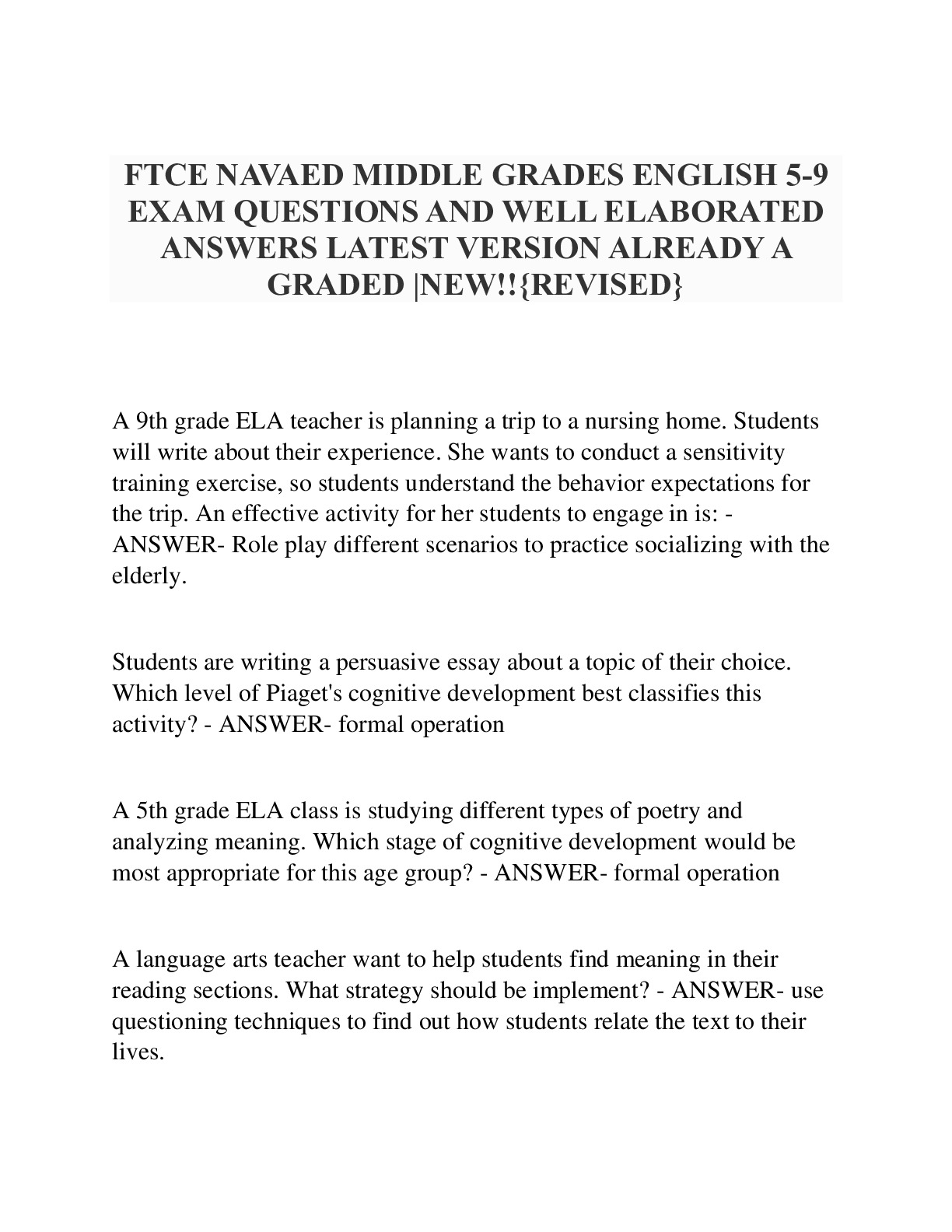 FTCE NAVAED MIDDLE GRADES ENGLISH 5-9 EXAM ACTUAL /WITH 2 DIEFFERENT ...