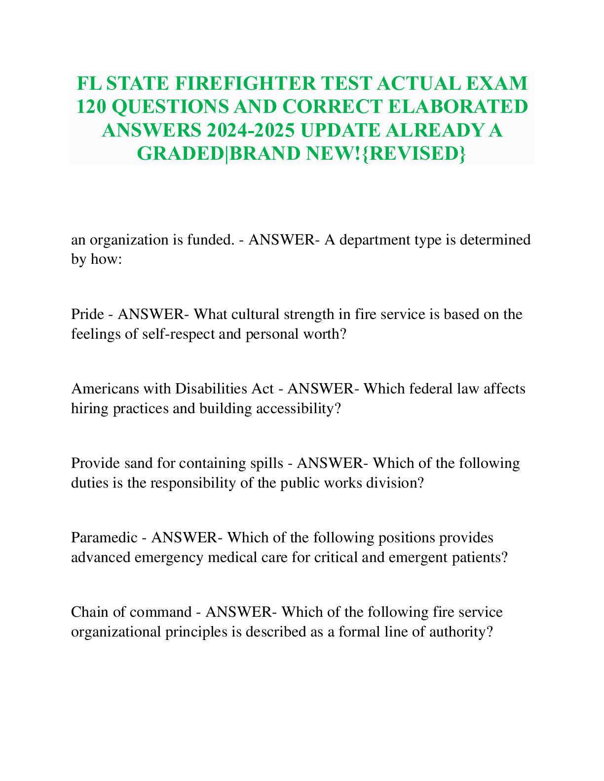 FL STATE FIREFIGHTER TEST ACTUAL EXAM 120 QUESTIONS AND CORRECT ...