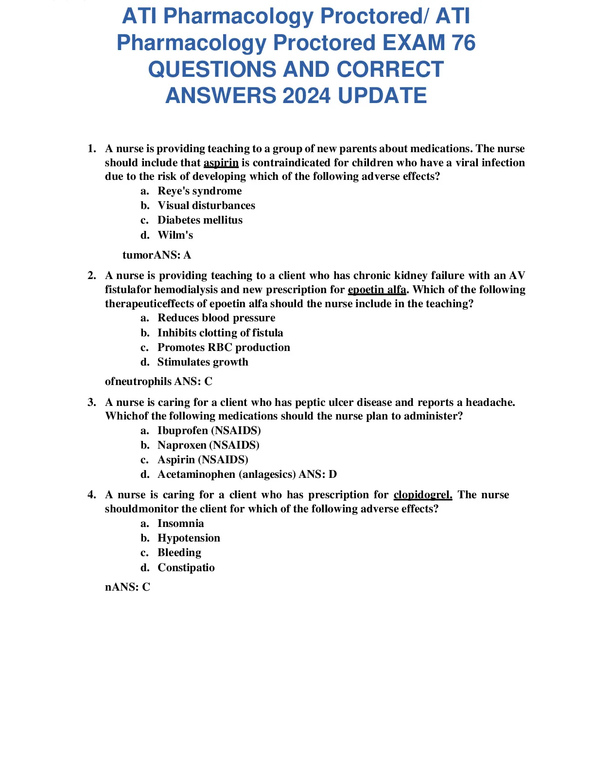 ATI Pharmacology Proctored/ATI Pharmacology Proctored EXAM 76 QUESTIONS ...
