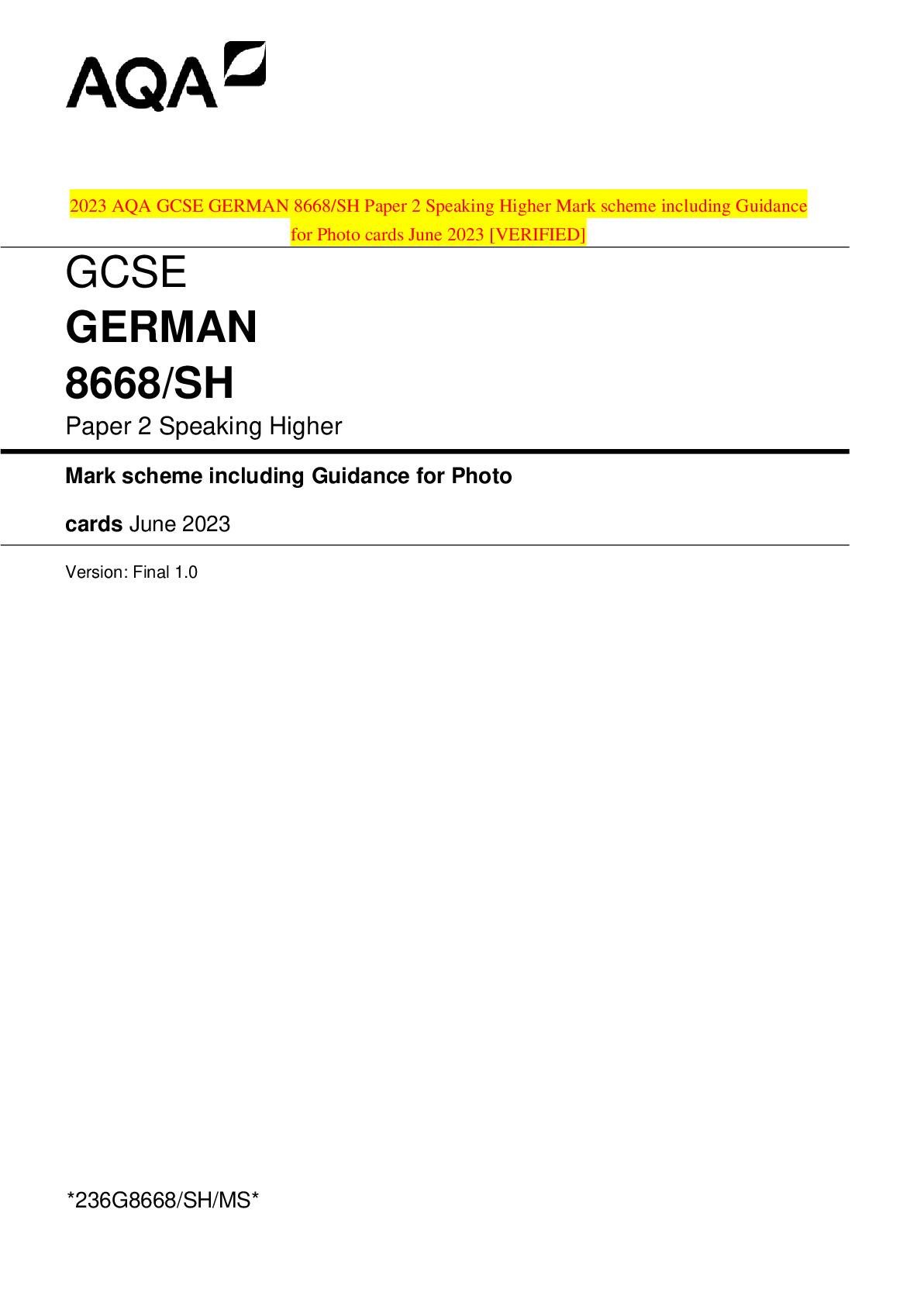 AQA 2023 GCSE GERMAN 8668 Paper 1, 2, 3 & 4 Higher Tier Question Papers ...