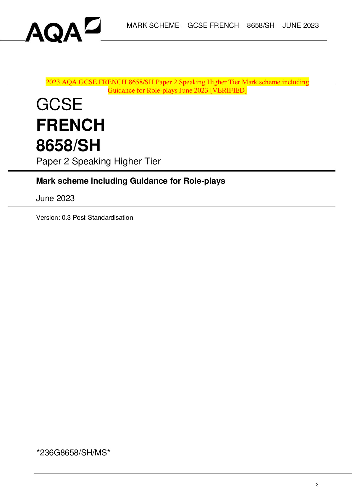 AQA 2023 GCSE FRENCH 8658 Paper 1, 2, 3 & 4 Higher Tier Question Papers ...