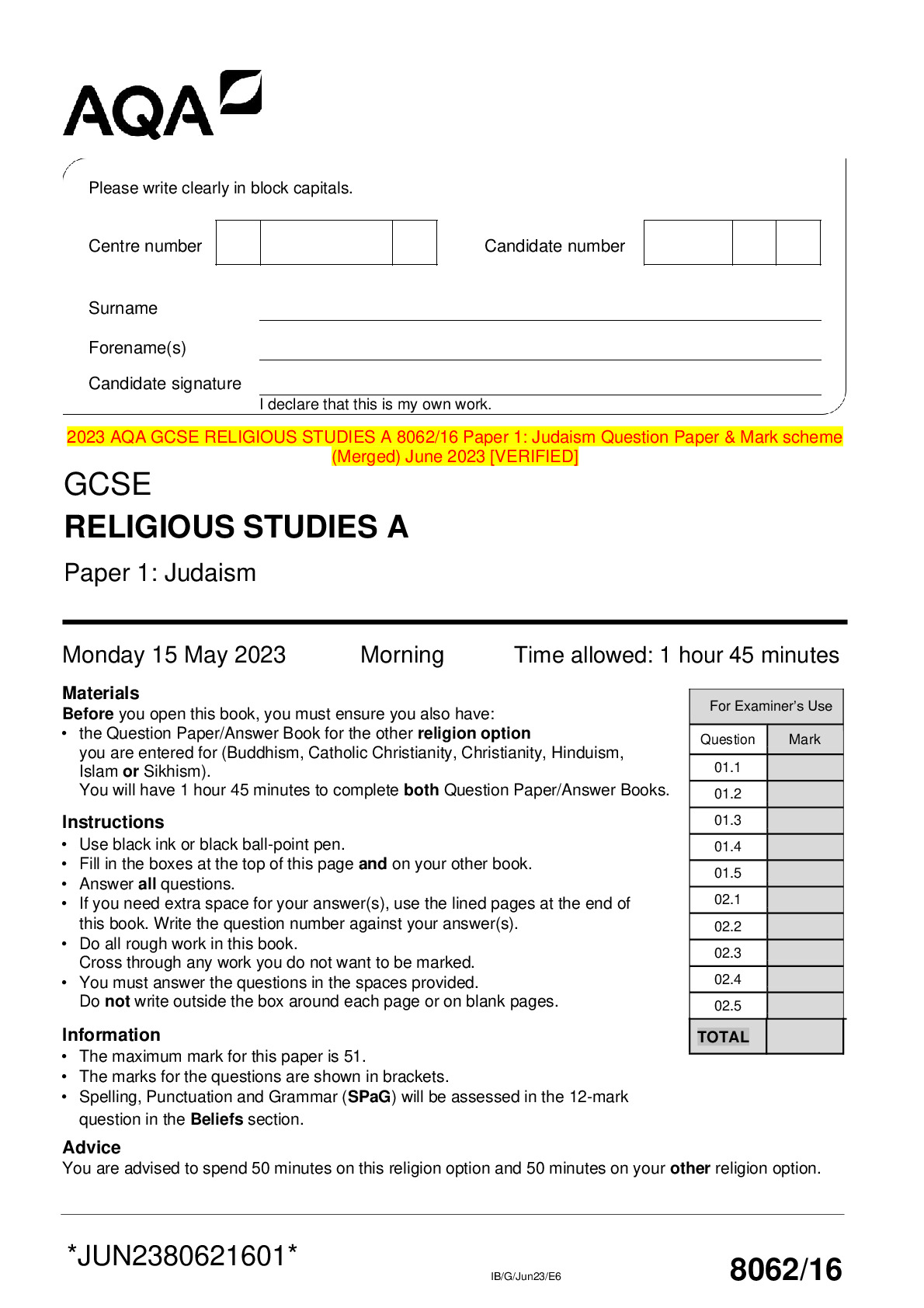 2023 AQA GCSE RELIGIOUS STUDIES A 8062/16 Paper 1: Judaism Question ...