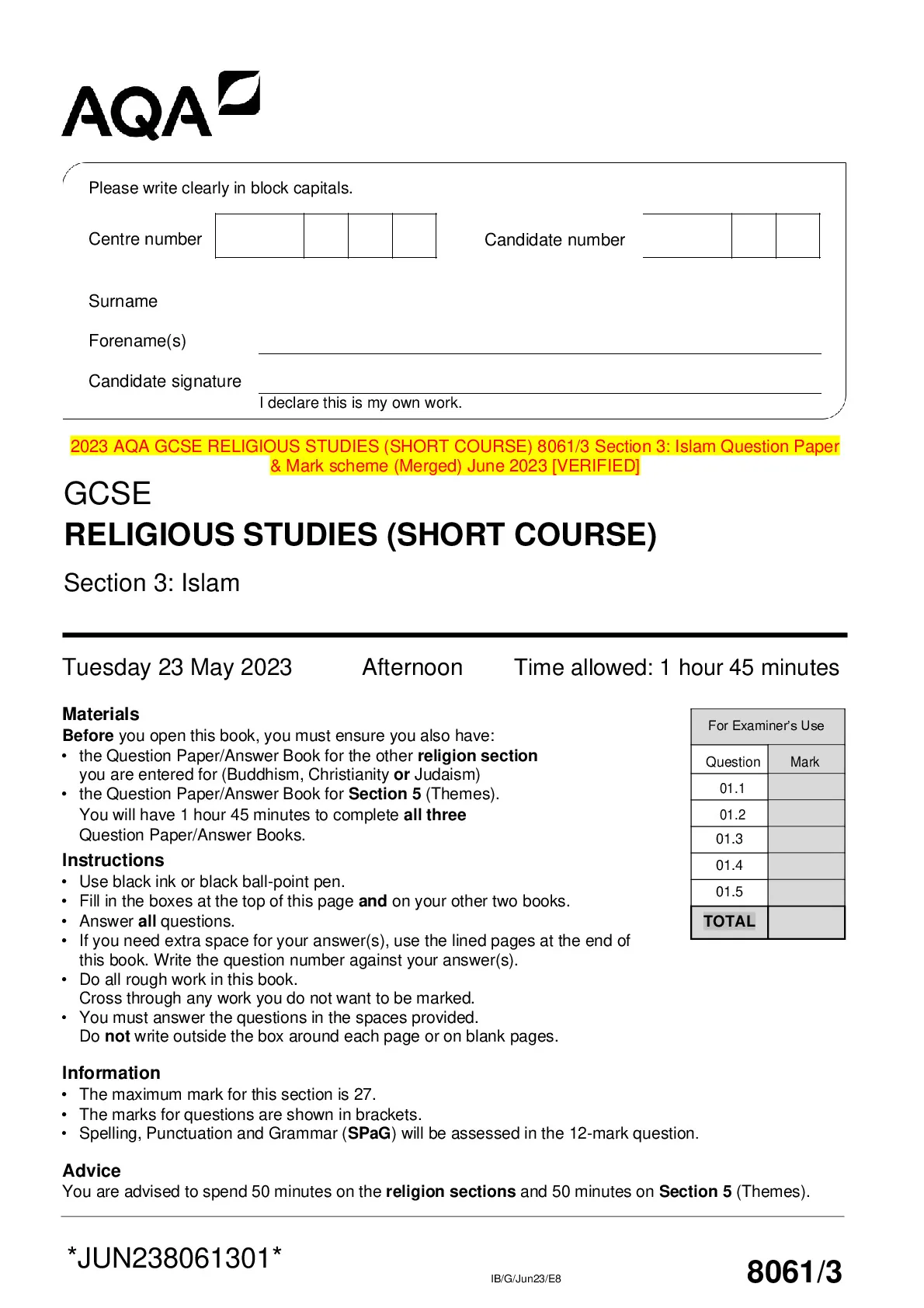 2023 AQA GCSE RELIGIOUS STUDIES (SHORT COURSE) 8061/3 Section 3: Islam ...