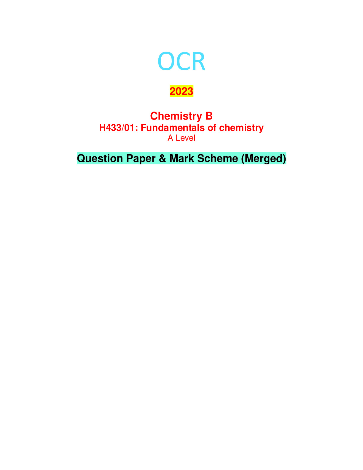 OCR 2023 Chemistry B H433/01: Fundamentals of chemistry A Level ...