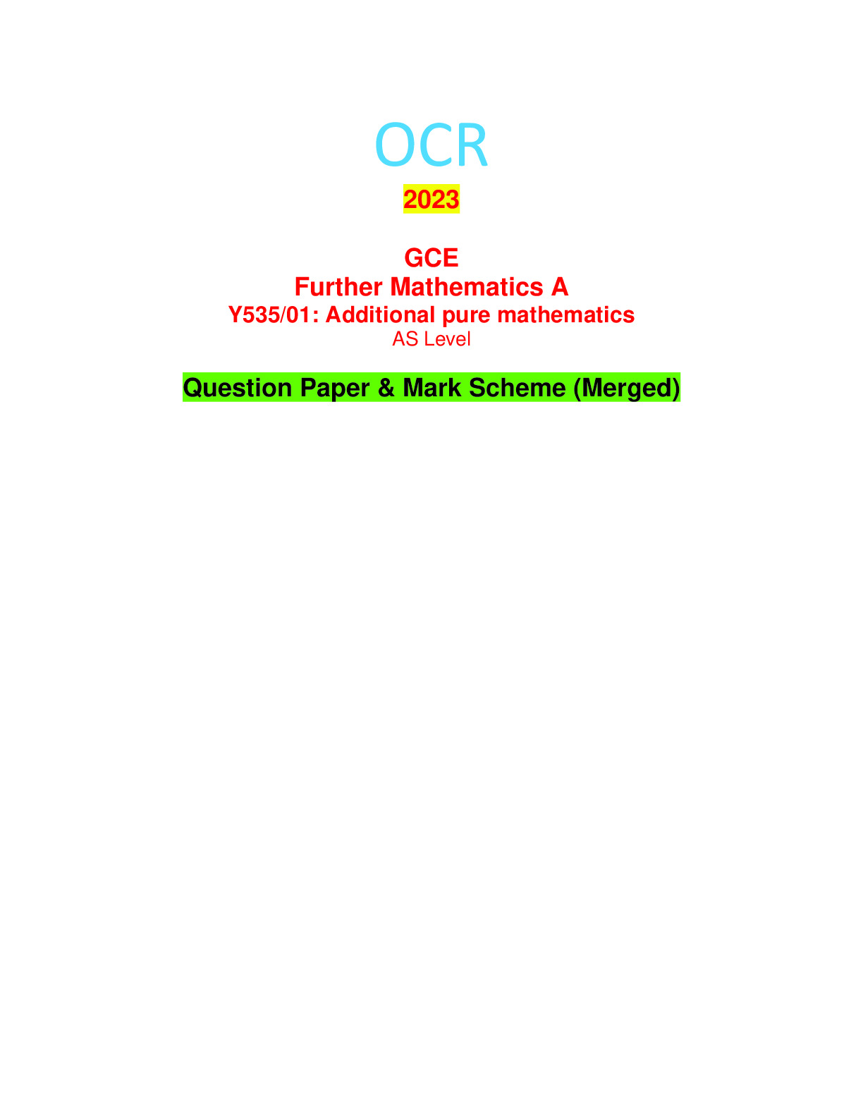 OCR 2023 GCE Further Mathematics B MEI Y421/01: Mechanics major A Level ...