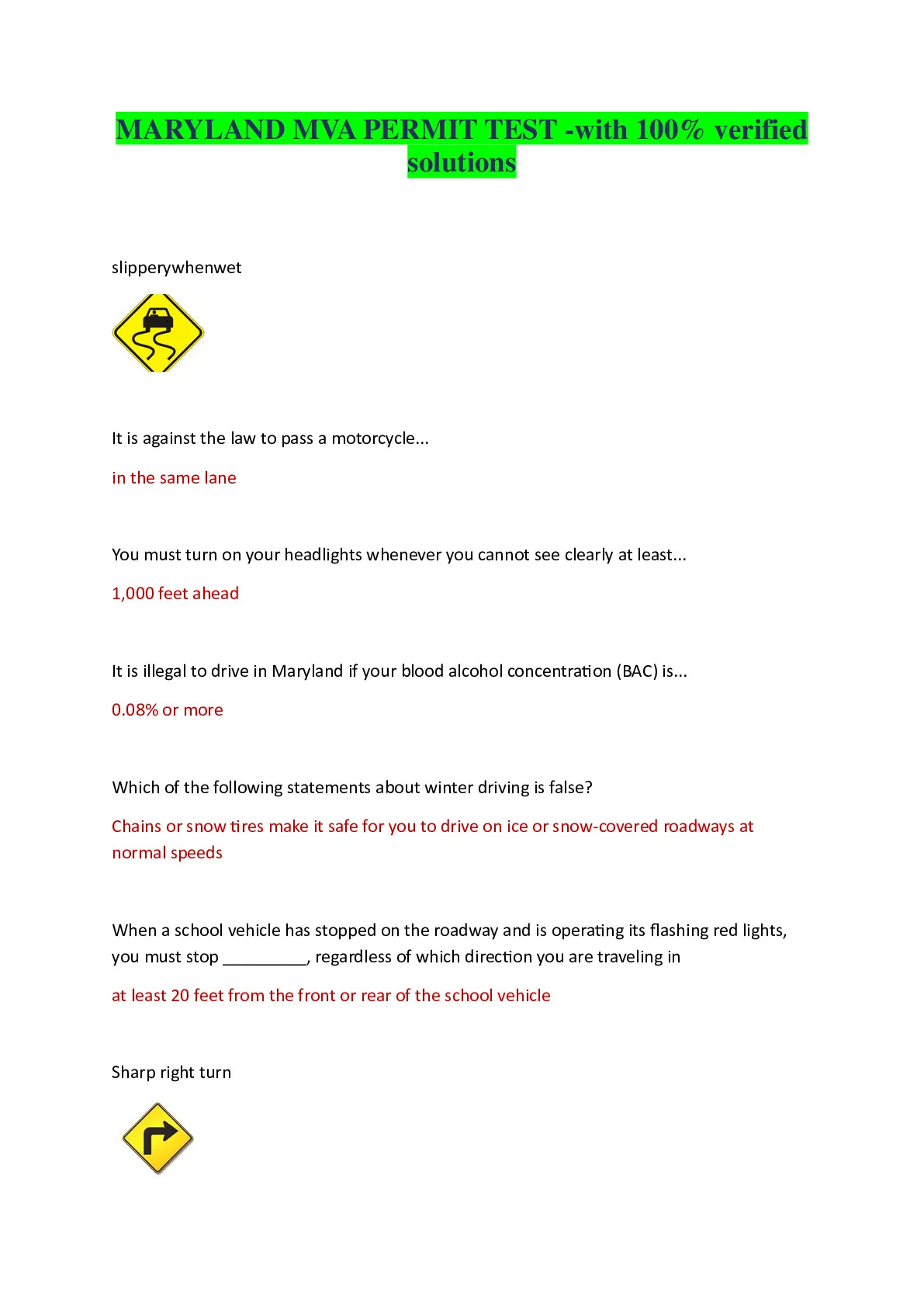 MARYLAND MVA PERMIT TEST -with 100% verified solutions - DocMerit