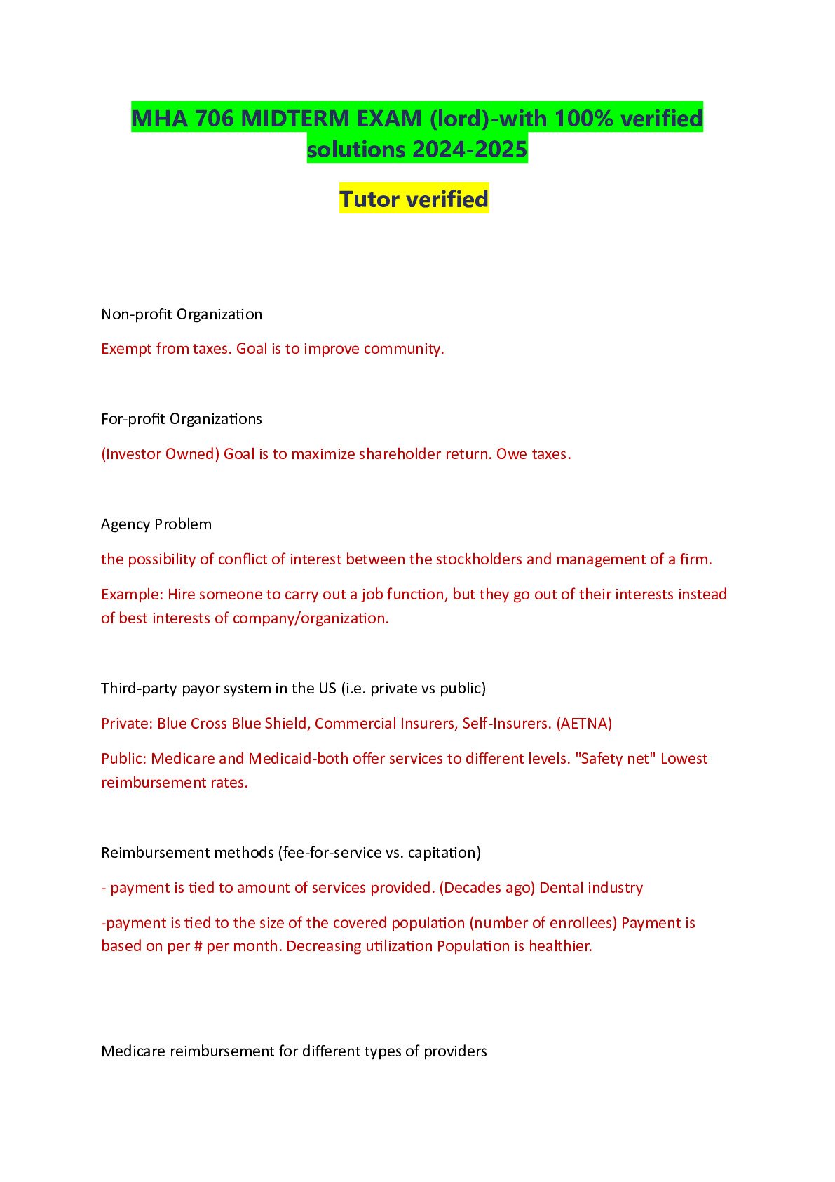 MHA 706 MIDTERM EXAM (lord)-with 100% verified solutions 2024-2025 ...