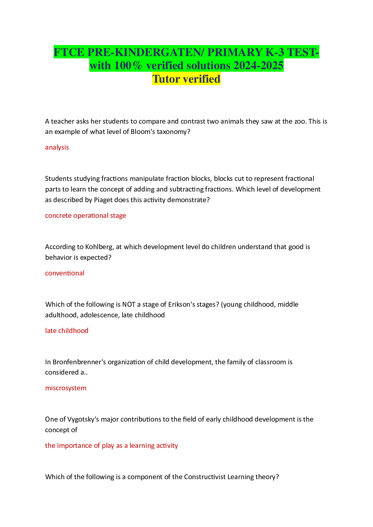 FTCE PRE-KINDERGATEN/ PRIMARY K-3 TEST-with 100% verified solutions ...