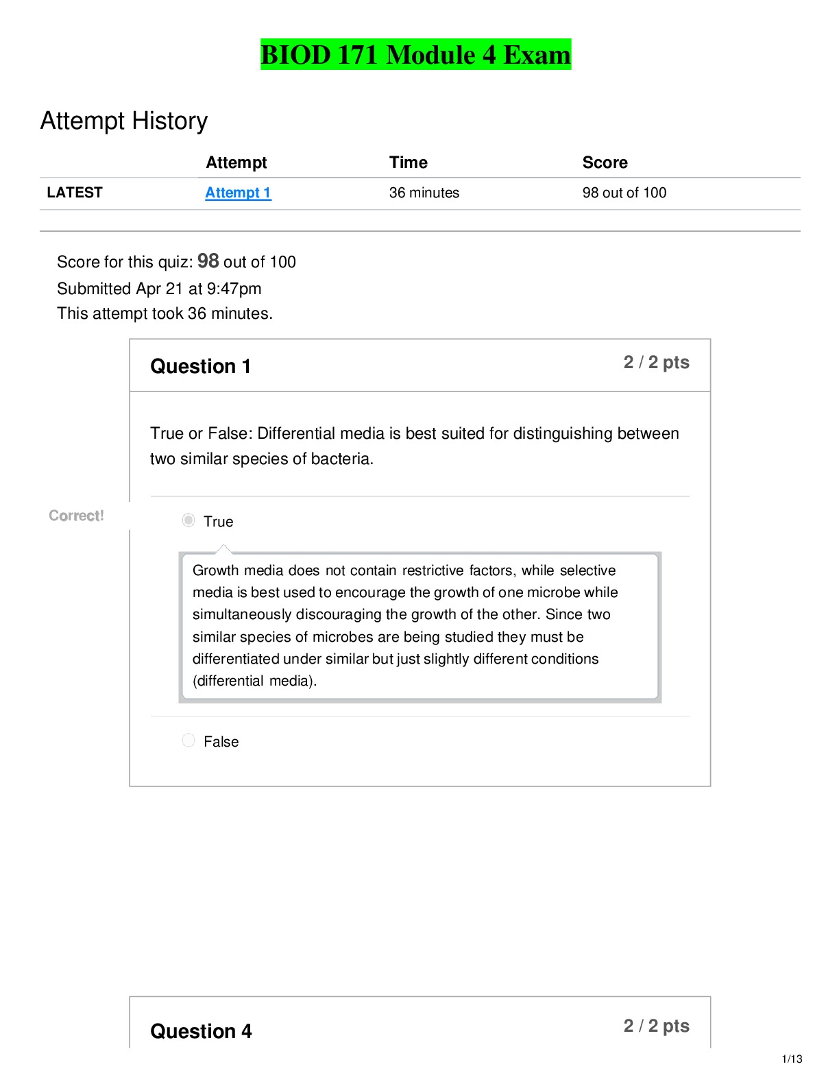 BIOD 171 Module 1 to Module 6 Exam (Each Module Multiple Versions ...