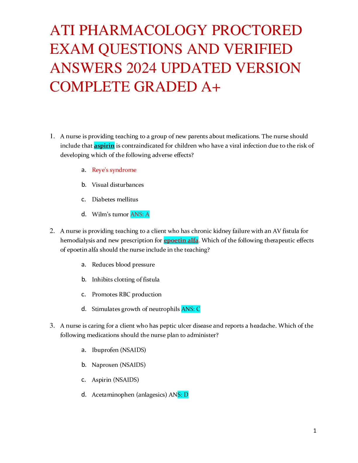 ATI PHARMACOLOGY PROCTORED EXAM QUESTIONS AND VERIFIED ANSWERS 2024 ...