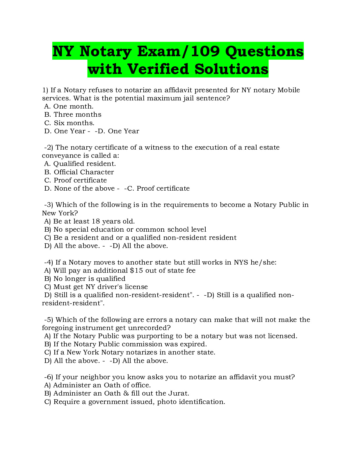 NY Notary Exam/109 Questions with Verified Solutions - DocMerit
