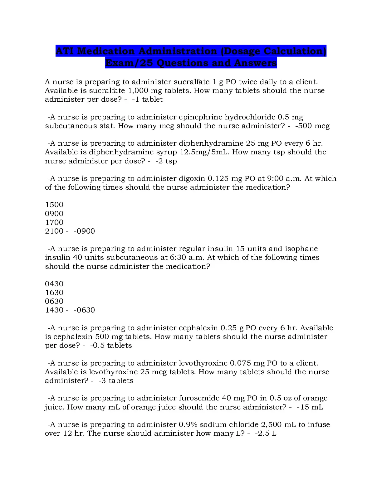 ATI Medication Administration (Dosage Calculation) Exam/25 Questions ...