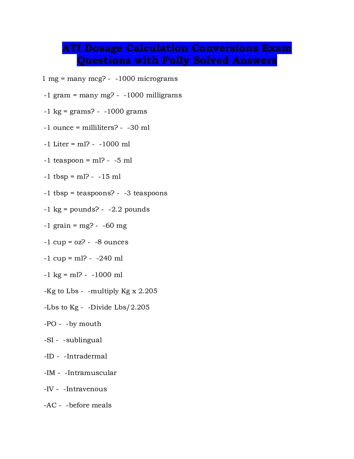 ATI Dosage Calculation Conversions Exam Questions with Fully Solved ...