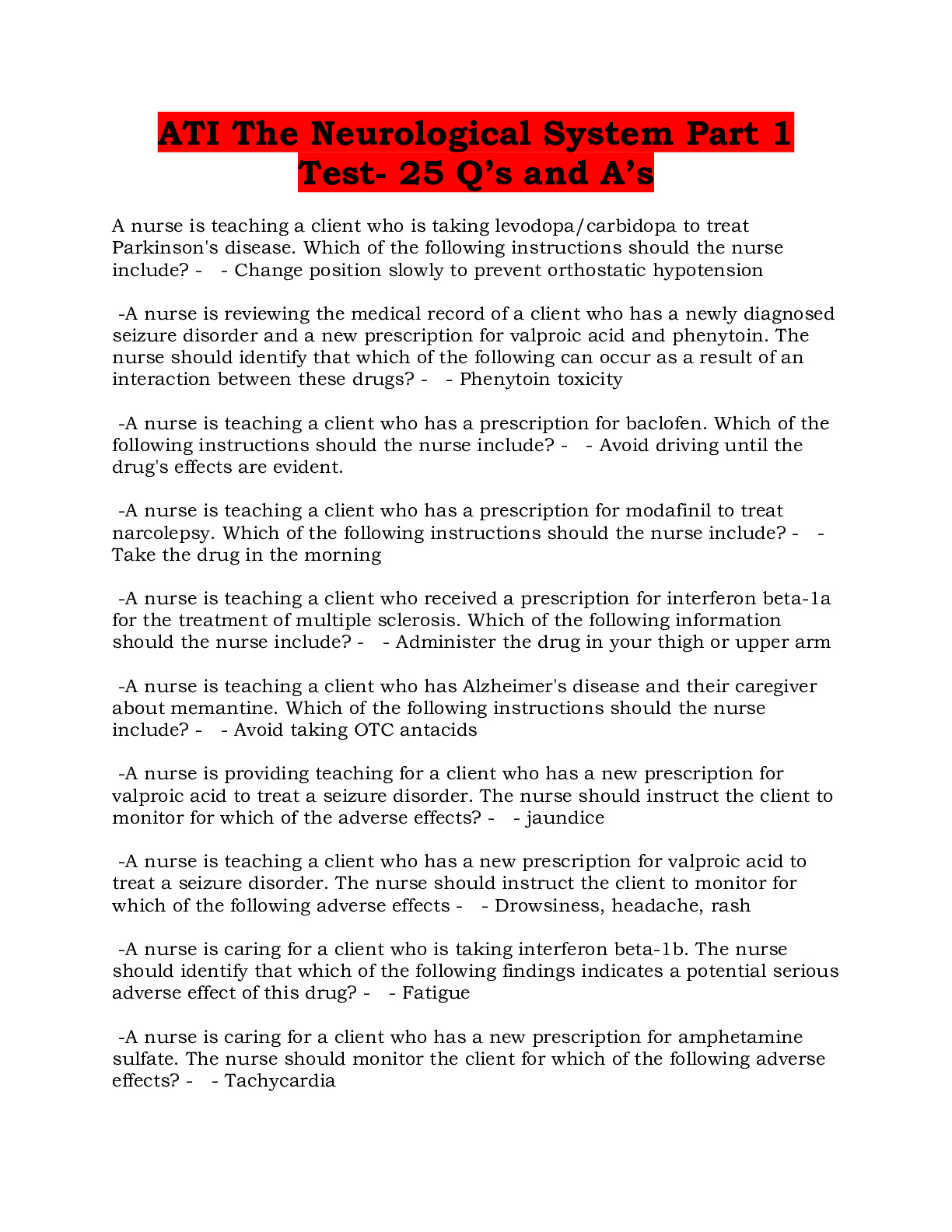 ATI The Neurological System (Part 1) – Questions And Answers - DocMerit