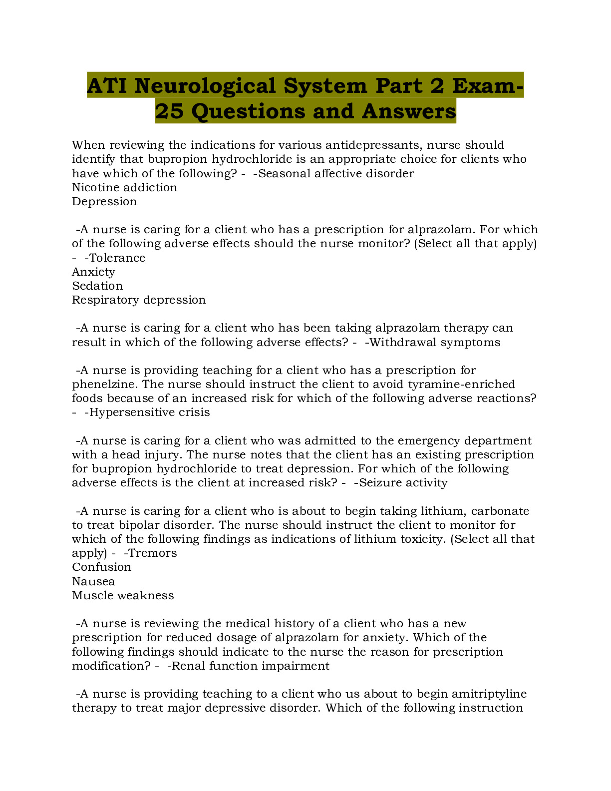ATI Neurological System Part 2 Exam- 25 Questions and Answers - DocMerit