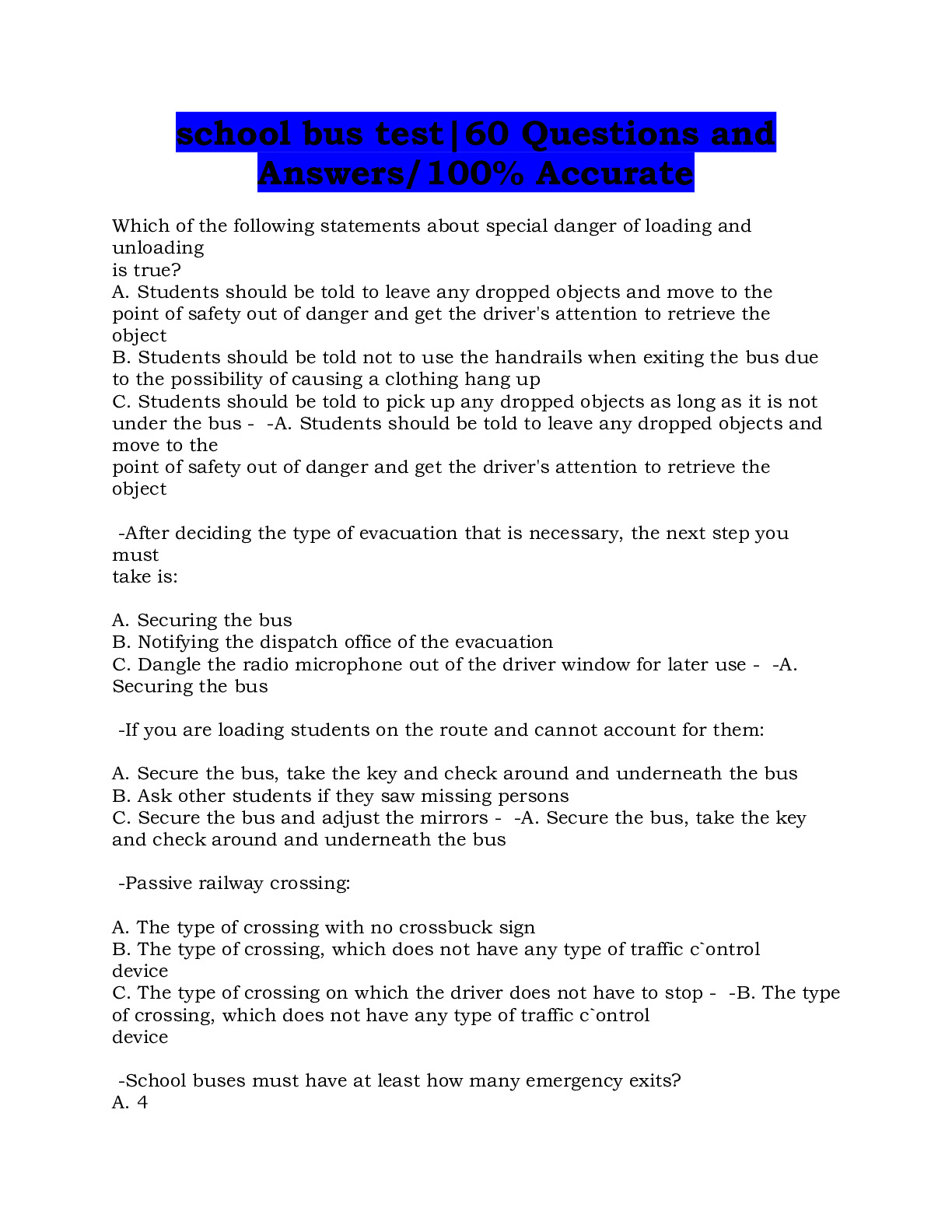 school bus test|60 Questions and Answers/100% Accurate - DocMerit