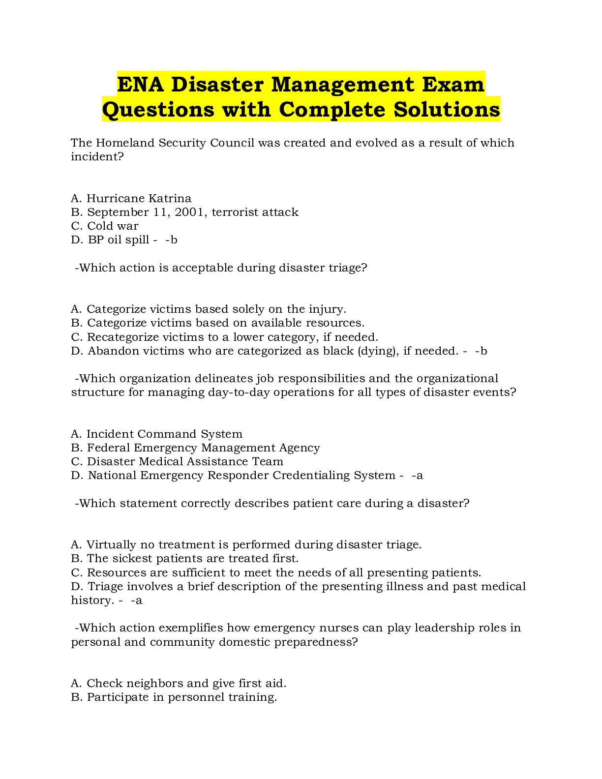 ENA Disaster Management Exam Questions with Complete Solutions - DocMerit
