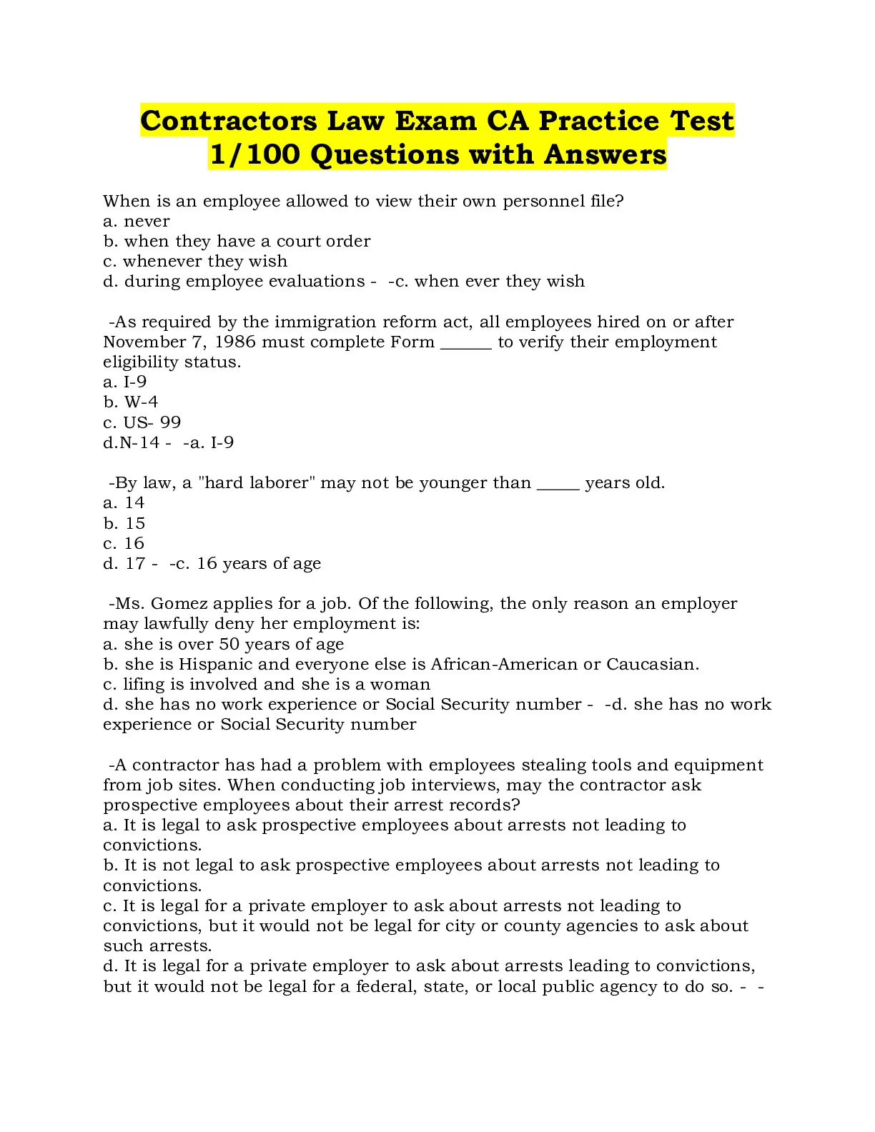 Contractors Law Exam CA Practice Test 1/100 Questions with Answers ...