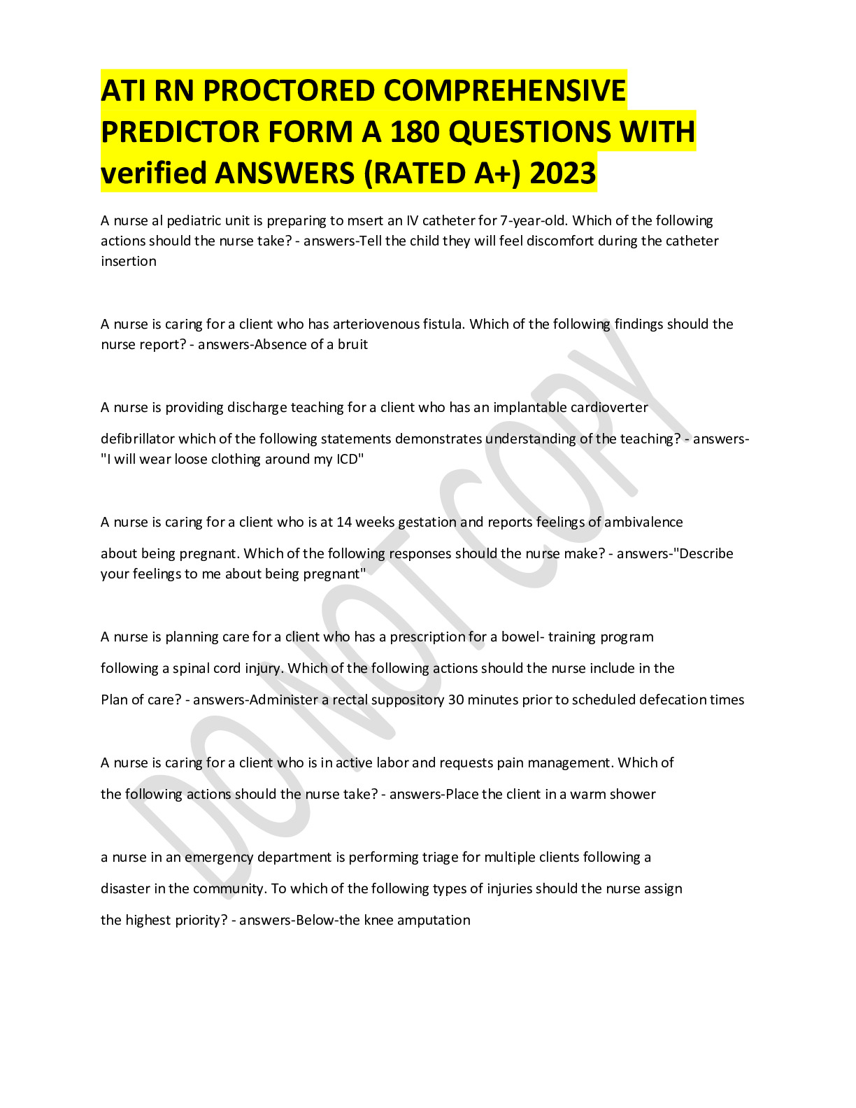 ATI RN PROCTORED COMPREHENSIVE PREDICTOR FORM A 180 QUESTIONS WITH ...