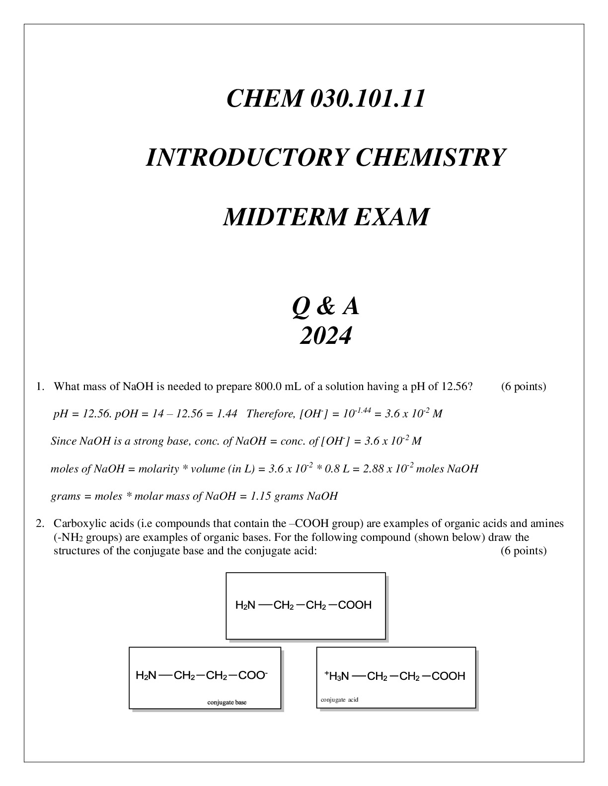 CHEM 030.101.11 INTRODUCTORY CHEMISTRY MIDTERM EXAM Q & A 2024 V1 ...