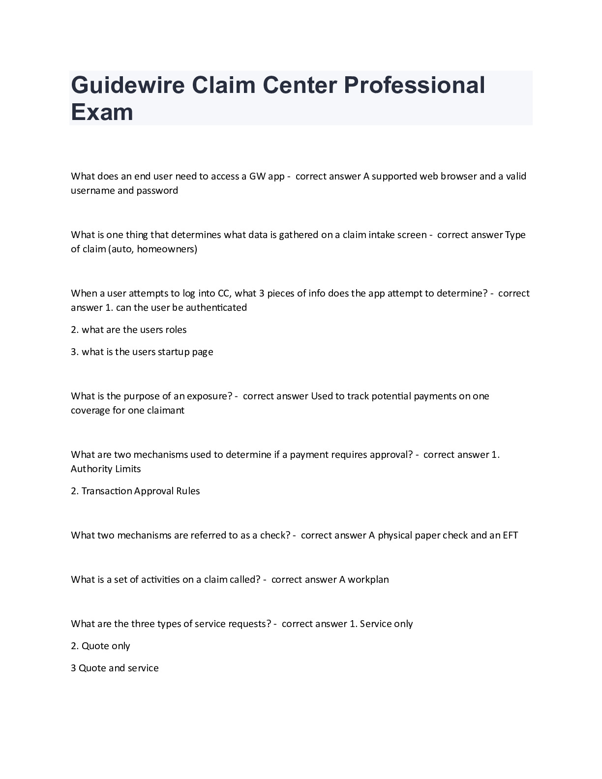 Guidewire Claim Center Professional Exam fully solved 2024/2025 - DocMerit
