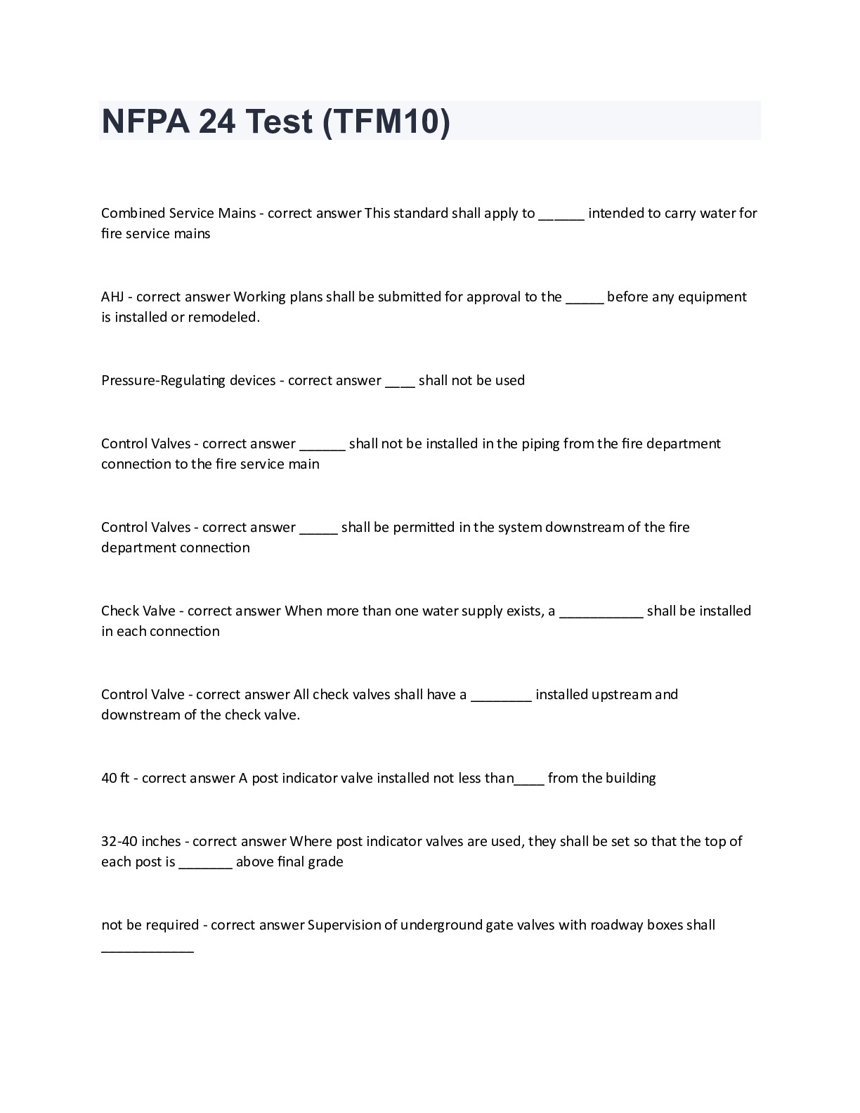 NFPA 24 Test (TFM10)questions with correct answers latest 2024/2025 ...