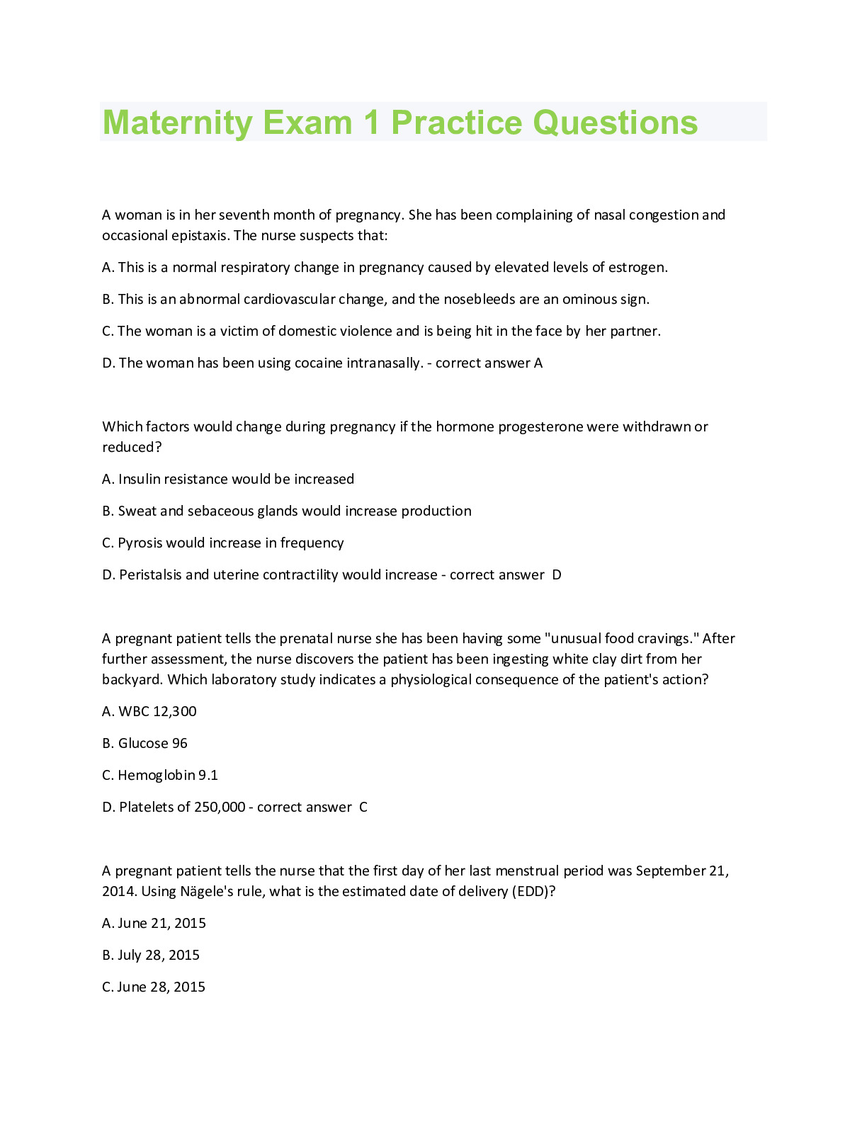 Maternity Exam 1 Practice Questions with correct answers 2024 - DocMerit