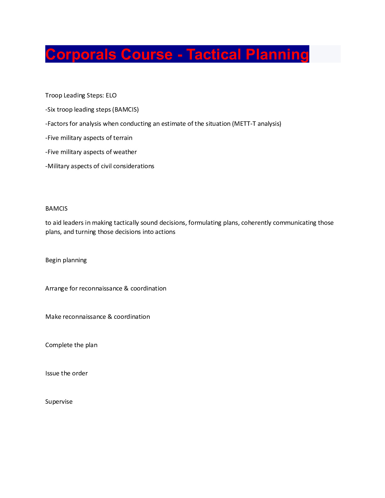 Corporals Course - Tactical Planning fully solved graded A+ 2024/2025 ...