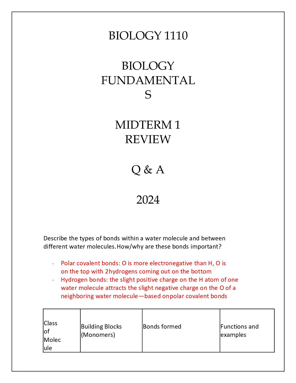 BIOLOGY 1110 BIOLOGY FUNDAMENTALS MIDTERM 1 REVIEW Q and A 2024. - DocMerit