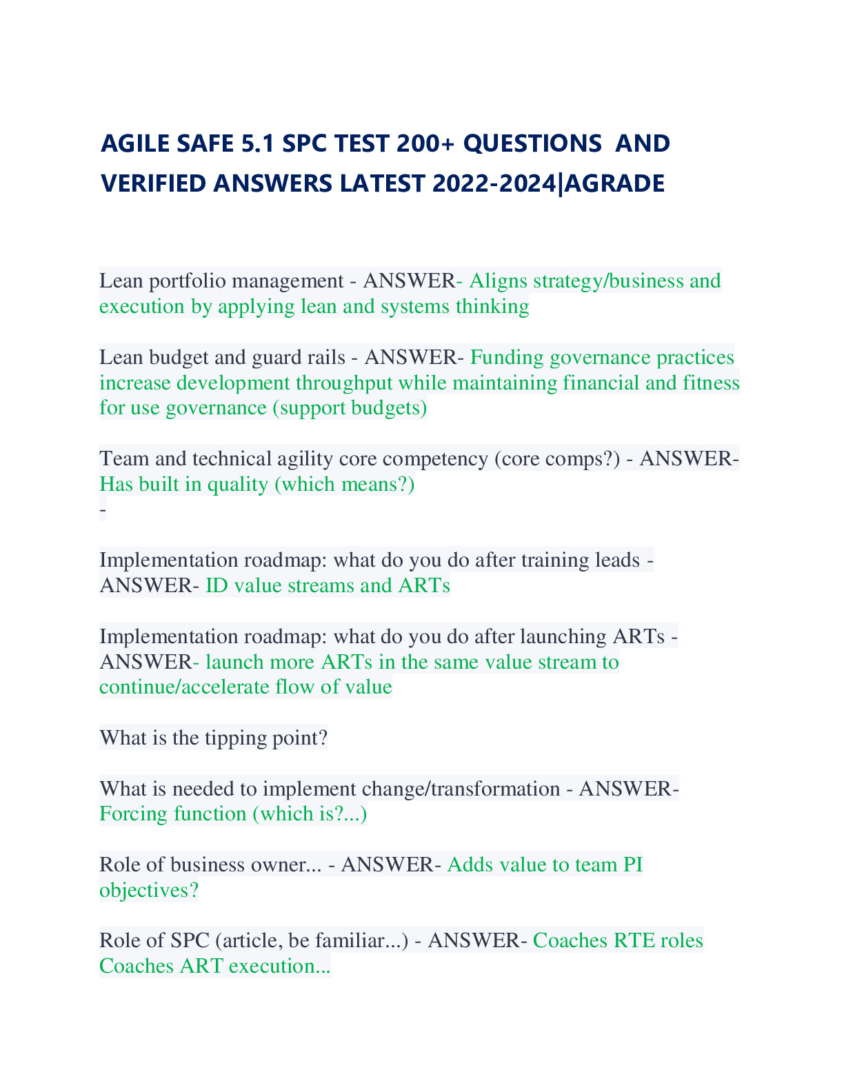 Agile Safe 5 1 Spc Test 200 Questions And Verified Answers Latest 2022 2024 Agrade Docmerit