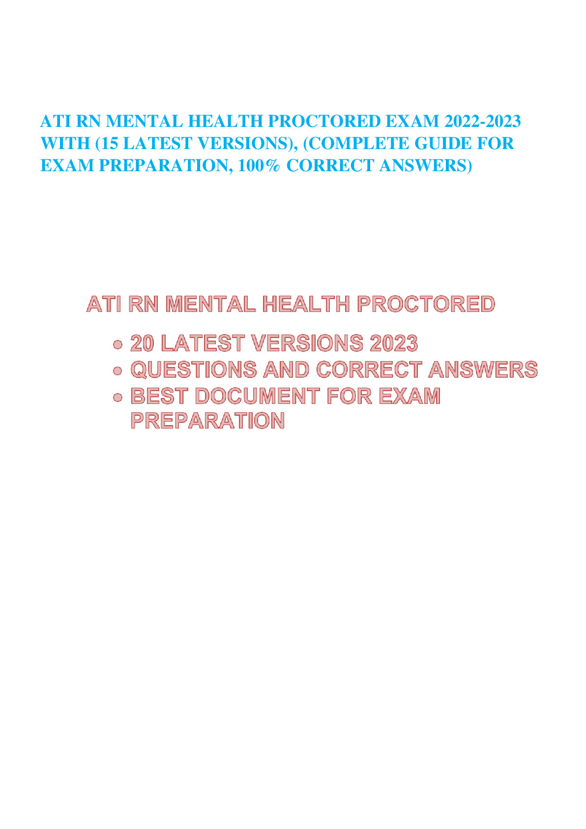ATI RN MENTAL HEALTH PROCTORED EXAM 2022-2023 WITH (15 LATEST VERSIONS ...