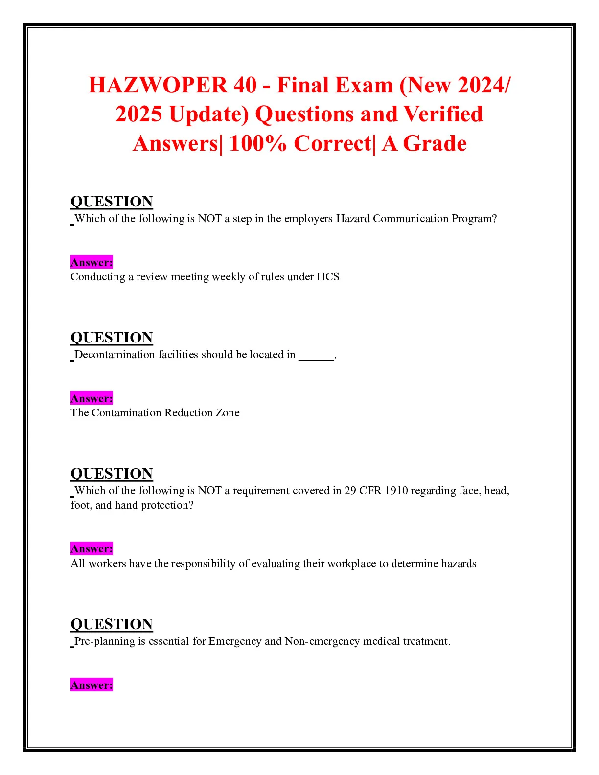 HAZWOPER 40 - Final Exam (New 2024/ 2025 Update) Questions and Verified ...
