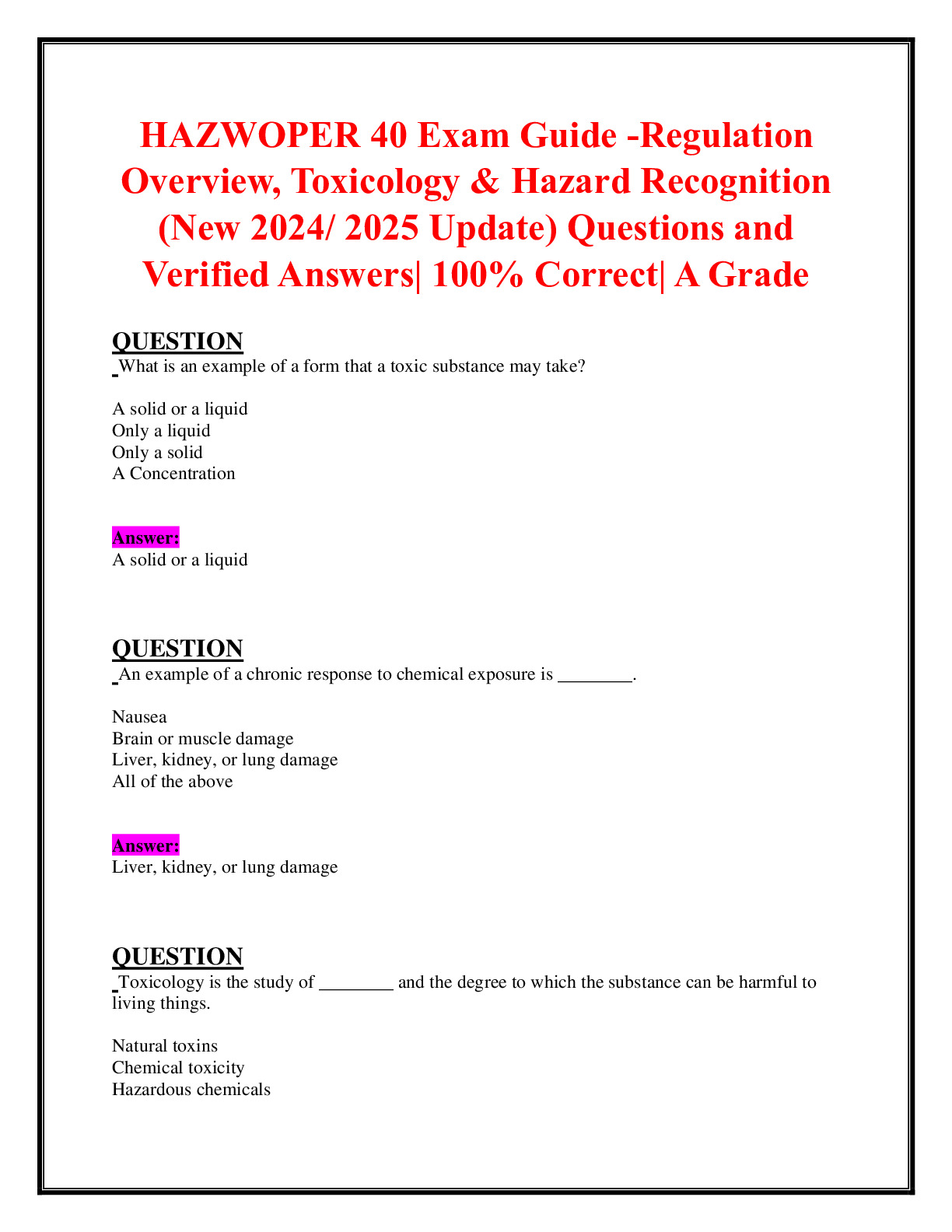 HAZWOPER 40 Exam Guide -Regulation Overview, Toxicology & Hazard ...
