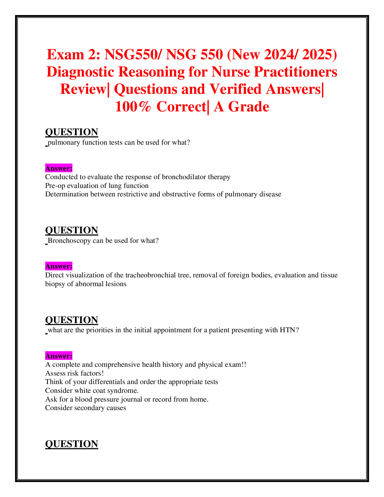 Exams 2: NSG550/ NSG 550 (2025/ 2026 Updates BUNDLED TOGETHER PACKAGE ...