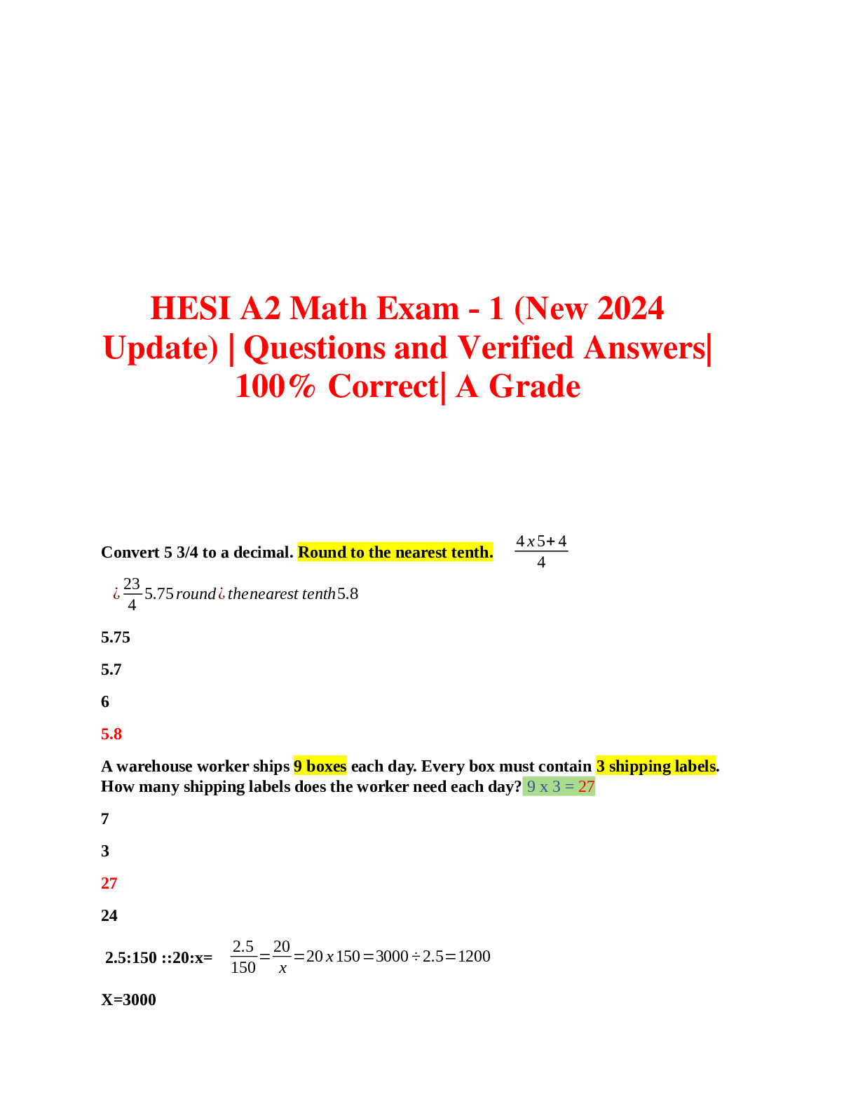 HESI A2 Math Exam- 1 (New 2024 Update) | Questions and Verified Answers ...
