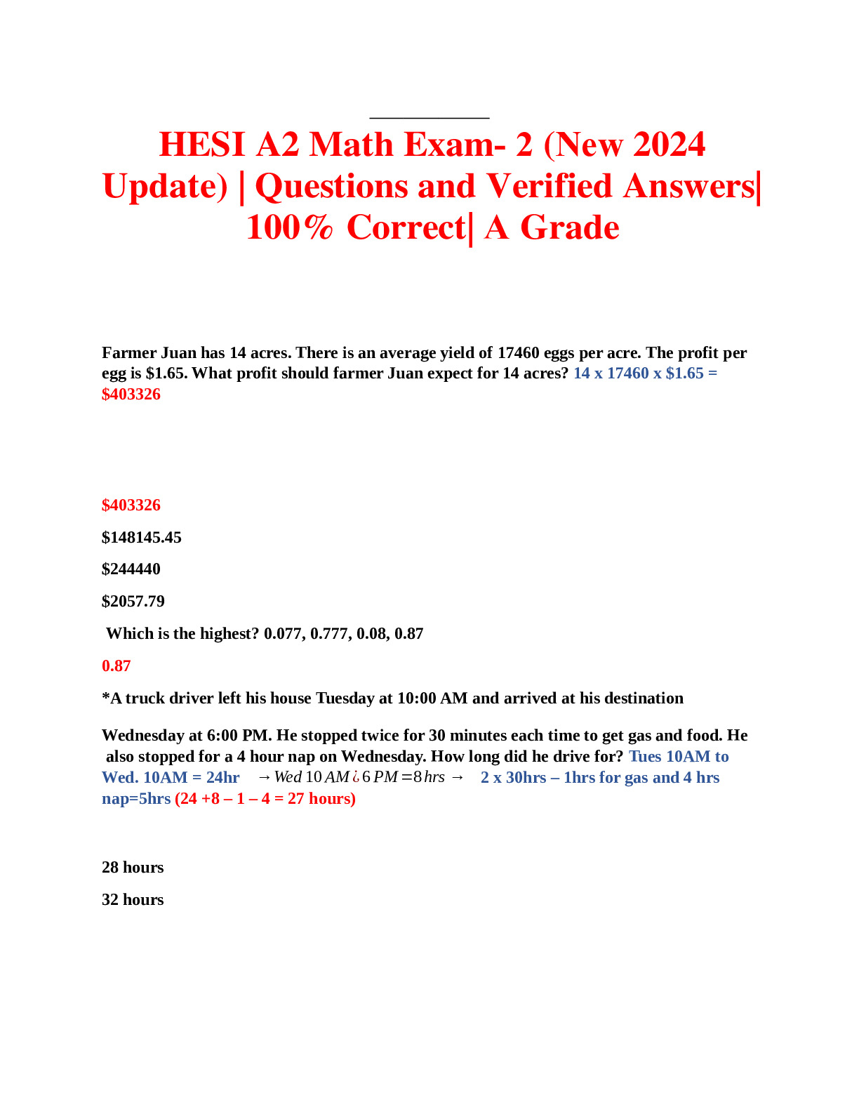 HESI A2 Math Versions 1 & 2 Exams (New 2024 Updates BUNDLED TOGETHER ...