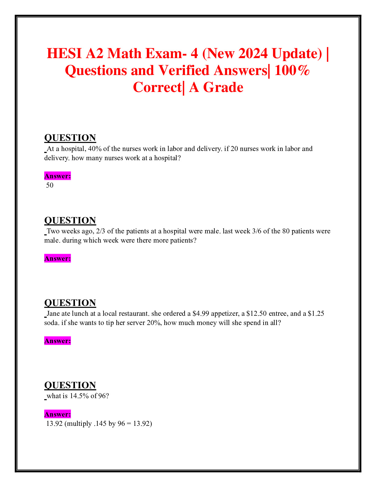 HESI A2 Math Exam- 4 (New 2024 Update) | Questions and Verified Answers ...