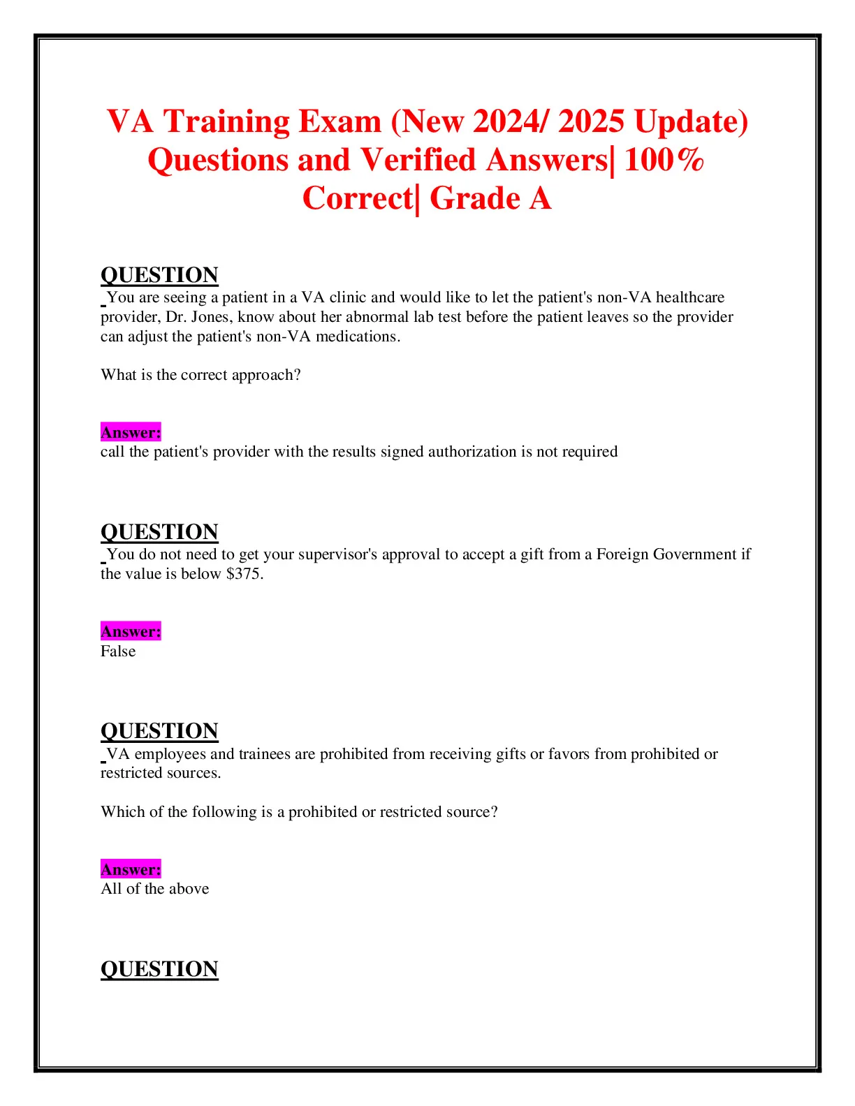 VA Training Exam (New 2024/ 2025 Update) Questions and Verified Answers ...