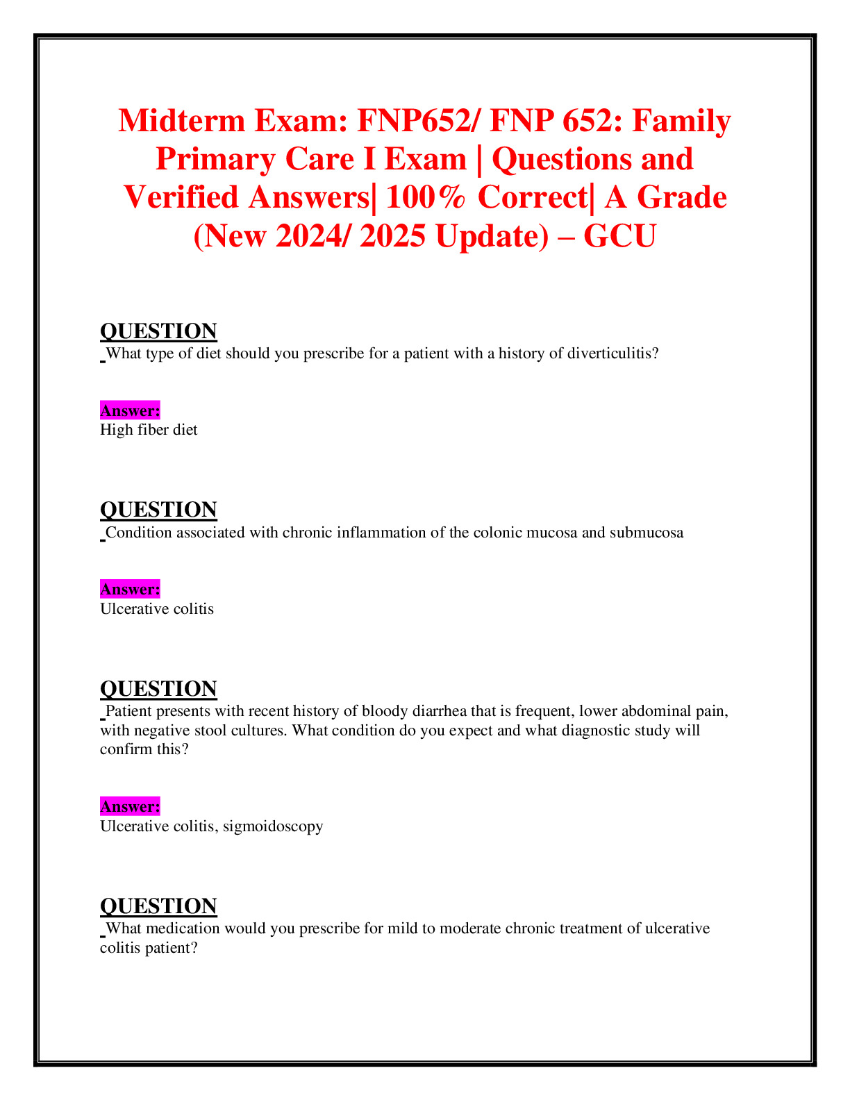 Final Exam: FNP652/ FNP 652 (New 2024/ 2025 Update) Family Primary Care ...