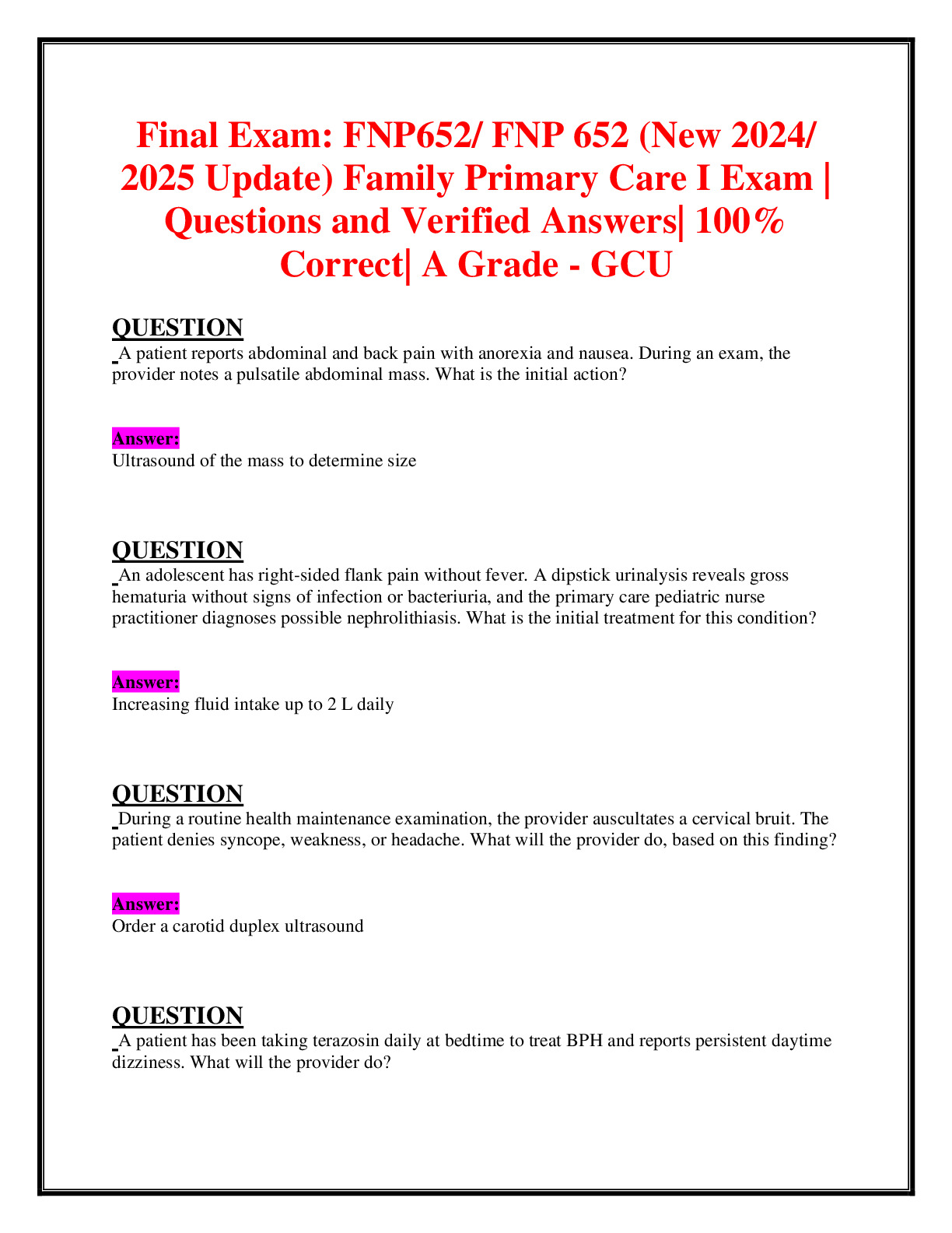 Final Exam: FNP652/ FNP 652 (New 2024/ 2025 Update) Family Primary Care ...