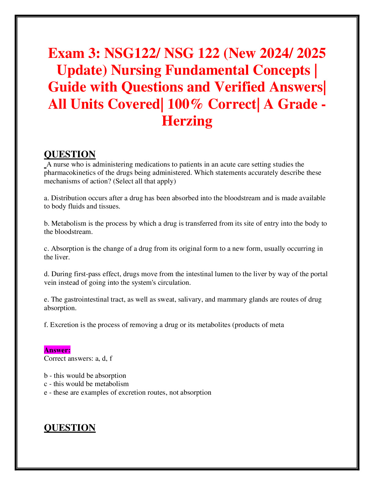 Exam 3: NSG122/ NSG 122 (New 2024/ 2025 Update) Nursing Fundamental ...