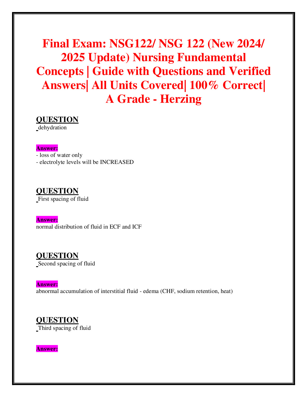 Final Exam: NSG122/ NSG 122 (New 2024/2025 Update) Nursing Fundamental ...