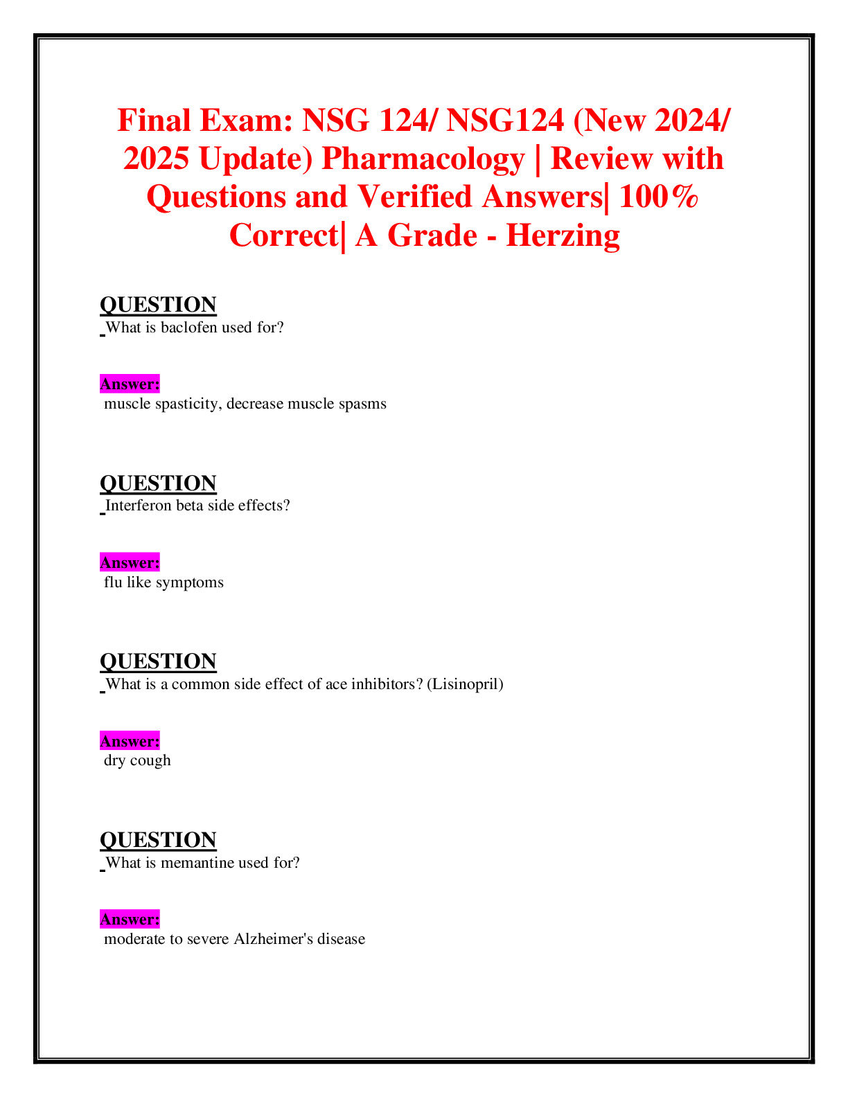 Final Exam: NSG 124/ NSG124 (New 2024/ 2025 Update) Pharmacology ... Final Exam: NSG 124/ NSG124 (New 2024/ 2025 Update) Pharmacology ...