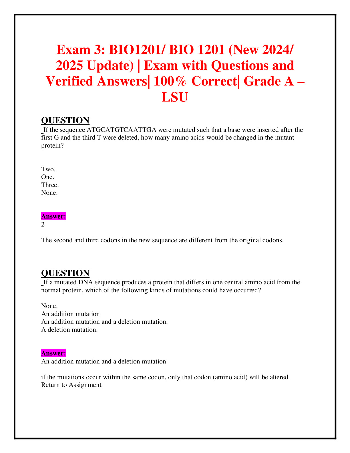 Exam 3: BIO1201/ BIO 1201 (New 2024/ 2025 Update) | Exam with Questions ...