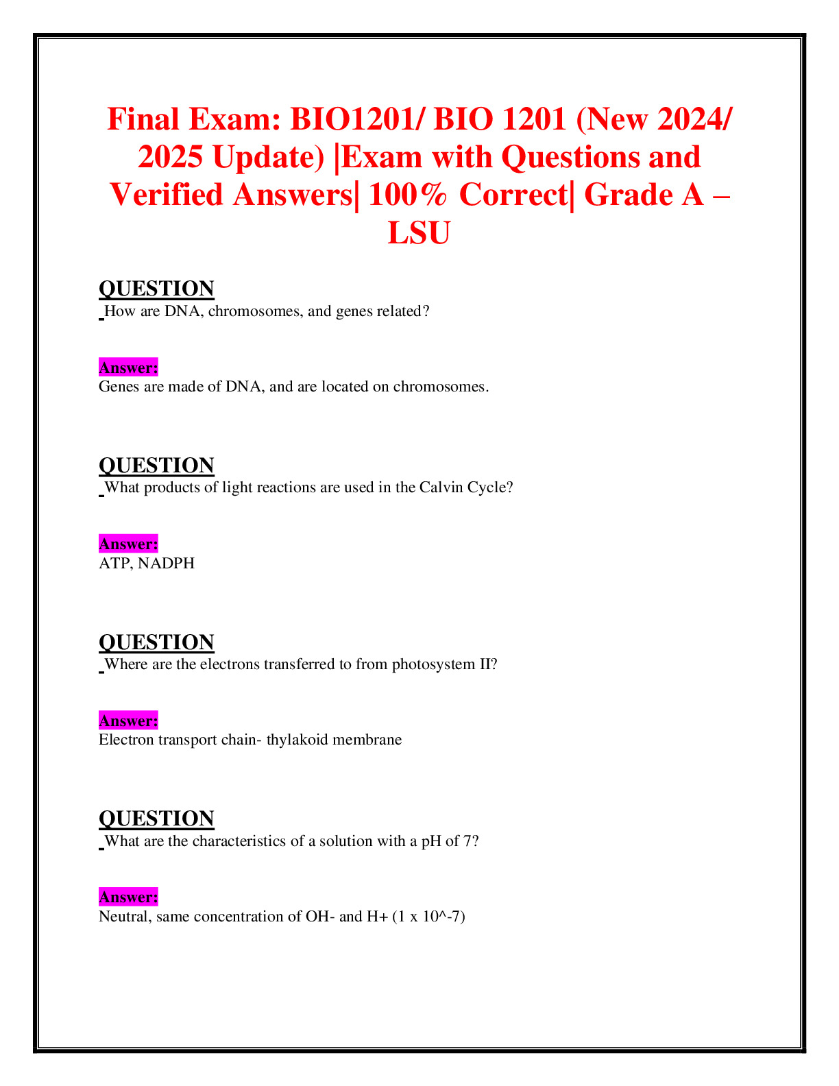 Exam 3.Exam 4 & Final Exams: BIO1201/ BIO 1201 (New 2024/ 2025 Updates ...