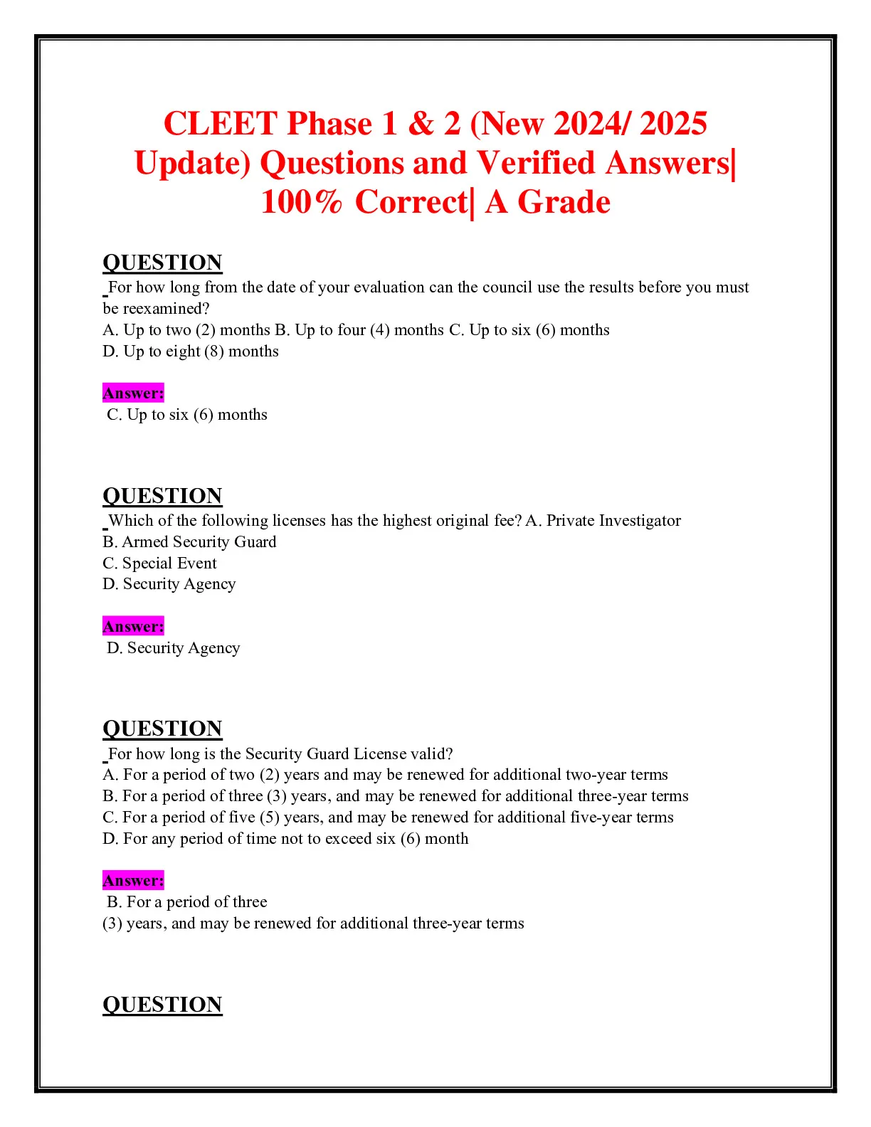 CLEET Phase 1 and 2 (New 2024/ 2025 Update) Questions and Verified ...