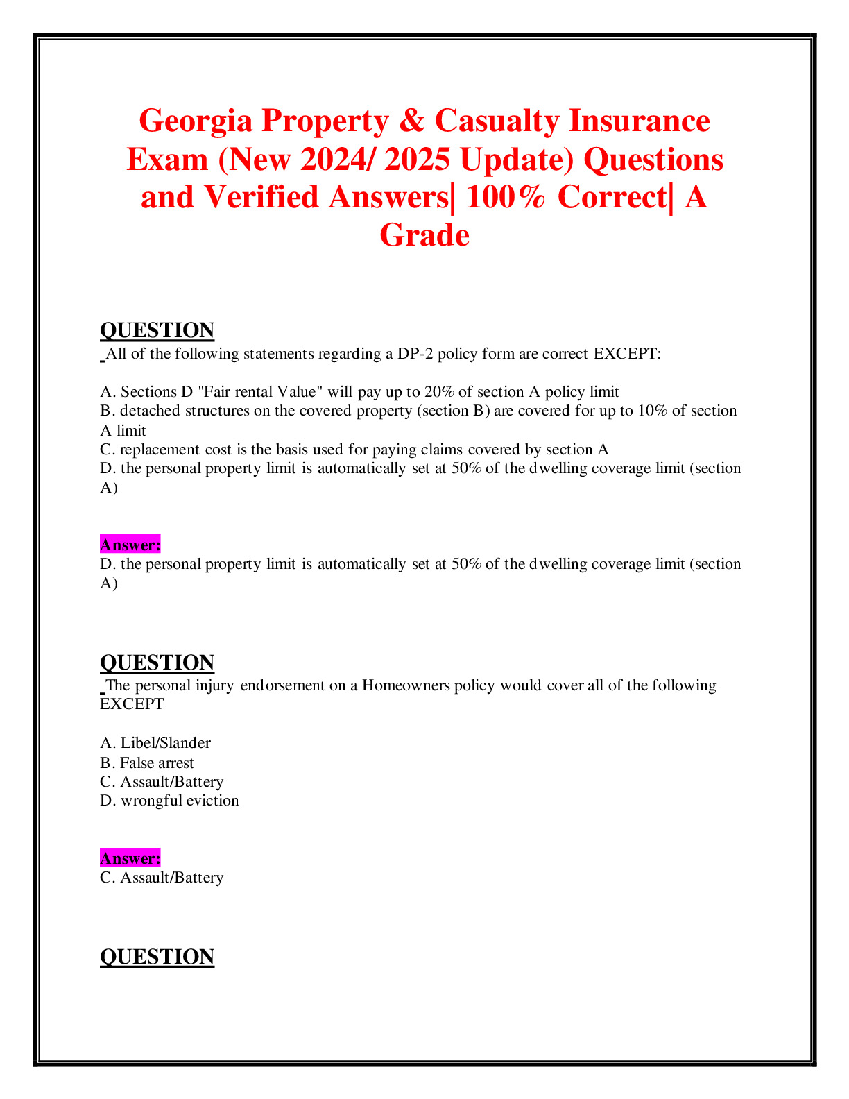 Georgia Property & Casualty Insurance Exam (New 2024/ 2025 Update ...