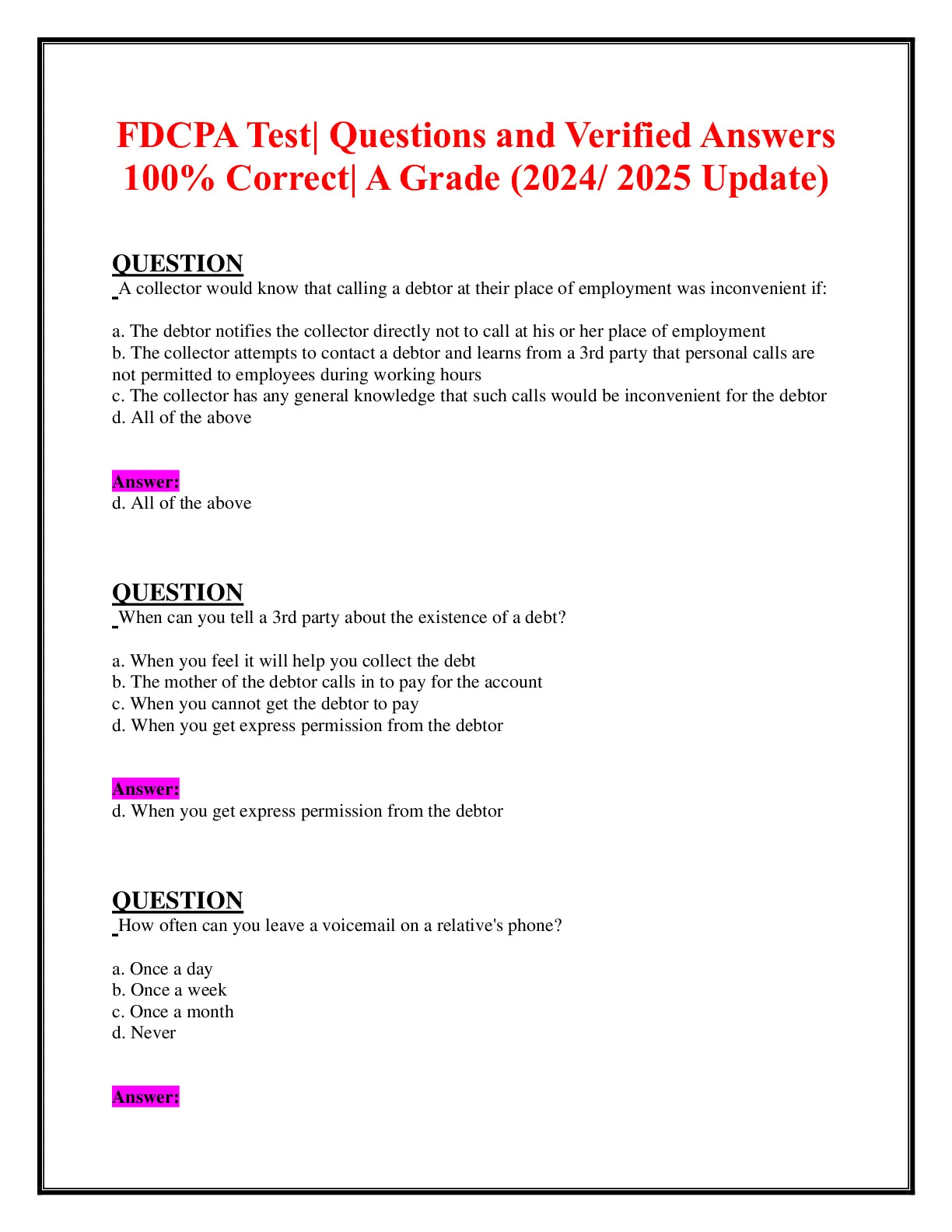 FDCPA Test| Questions and Verified Answers 100% Correct| A Grade (2024/ ...