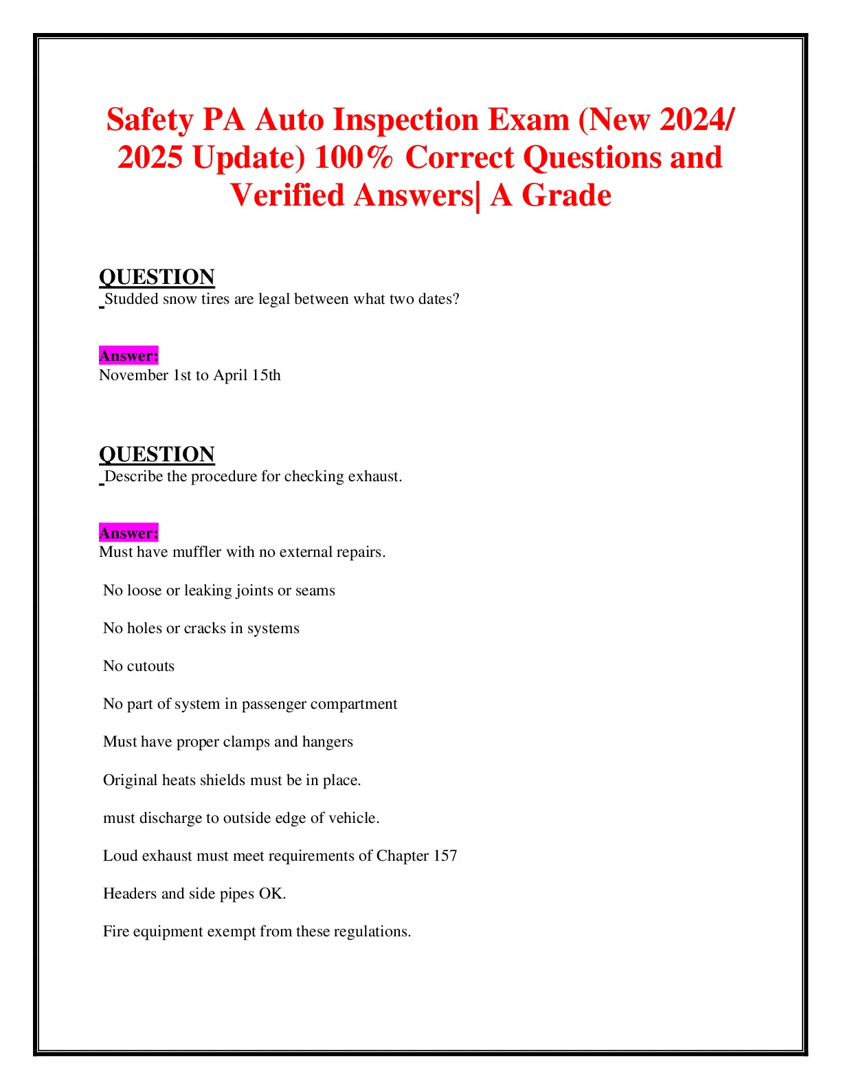 Safety PA Auto Inspection Exam (New 2024/ 2025 Update) 100% Correct ...